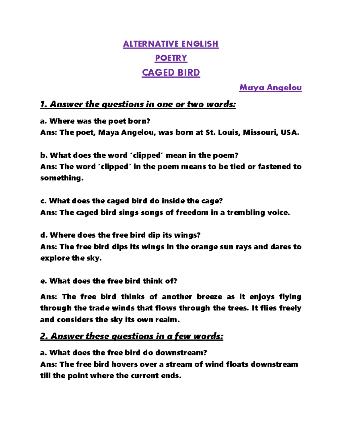 Caged BIRD. ALTE. First YEAR - ALTERNATIVE ENGLISH POETRY CAGED BIRD ...