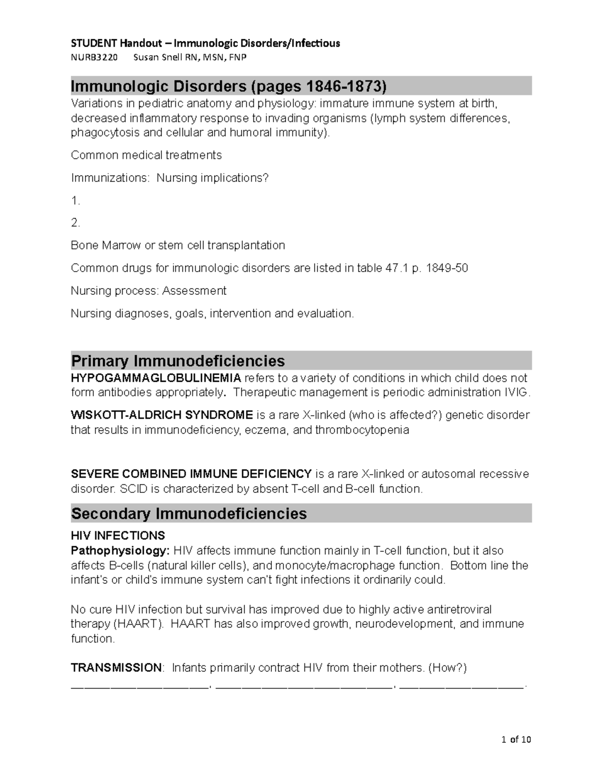 EXAM 1 - autoimmune problems and Infectious diseases - NURB3220 Susan ...
