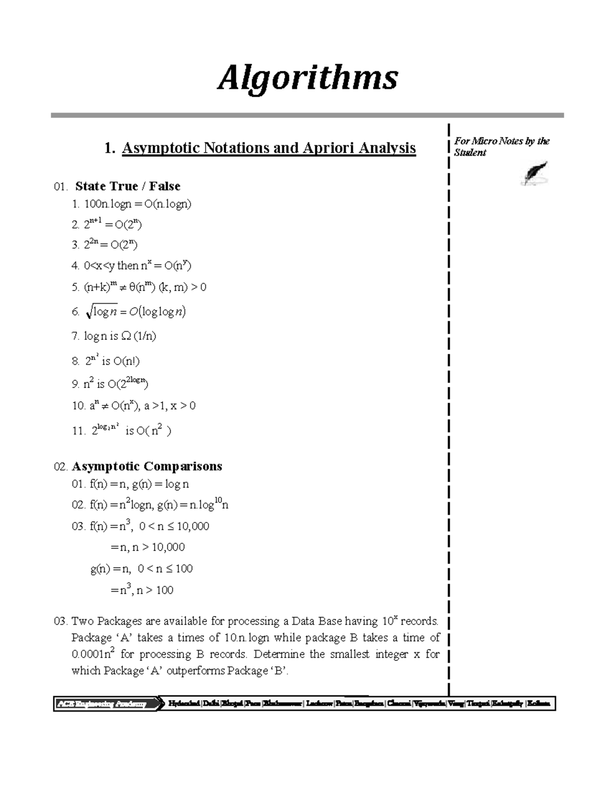 Algo Handout - Read - For Micro Notes by the Student 1. Asymptotic ...