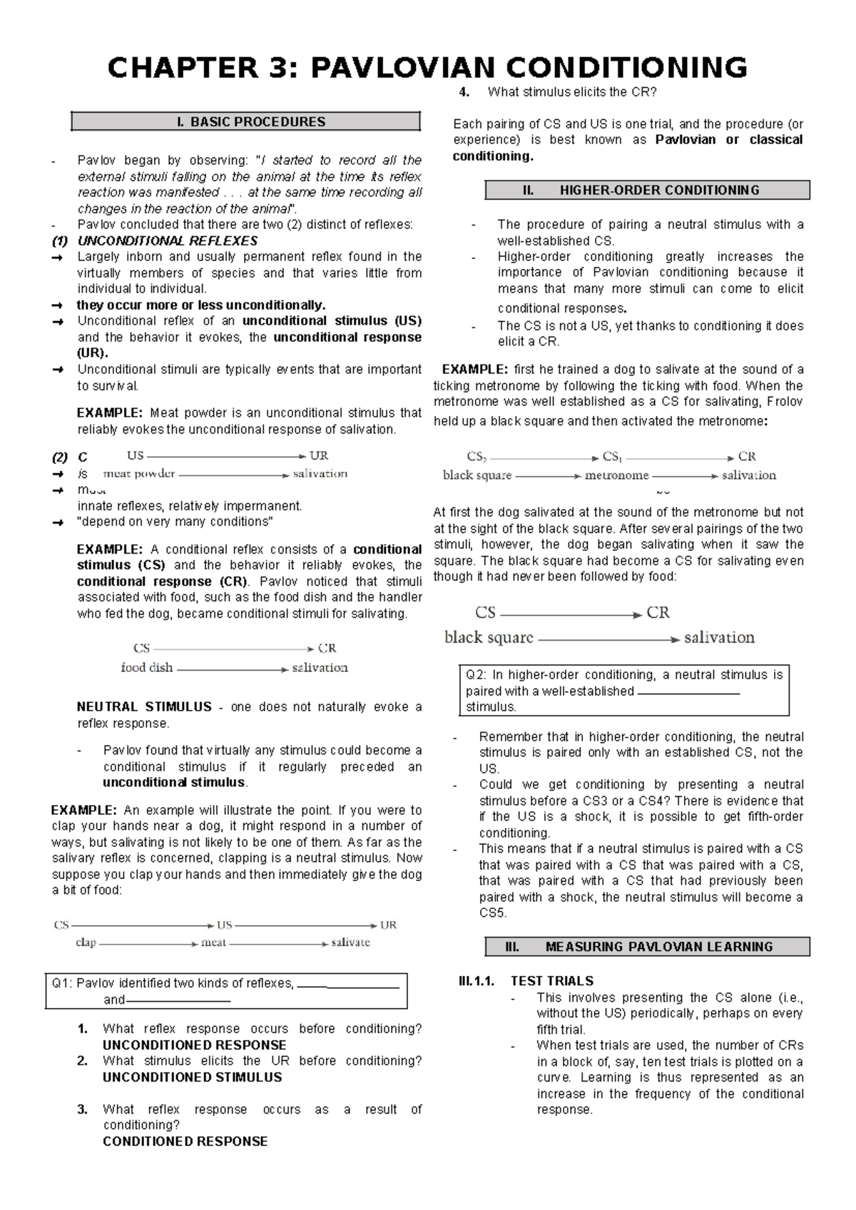 Chapter 3. Pavlovian Conditioning - I. BASIC PROCEDURES Pavlov began by observing: “I started to ...
