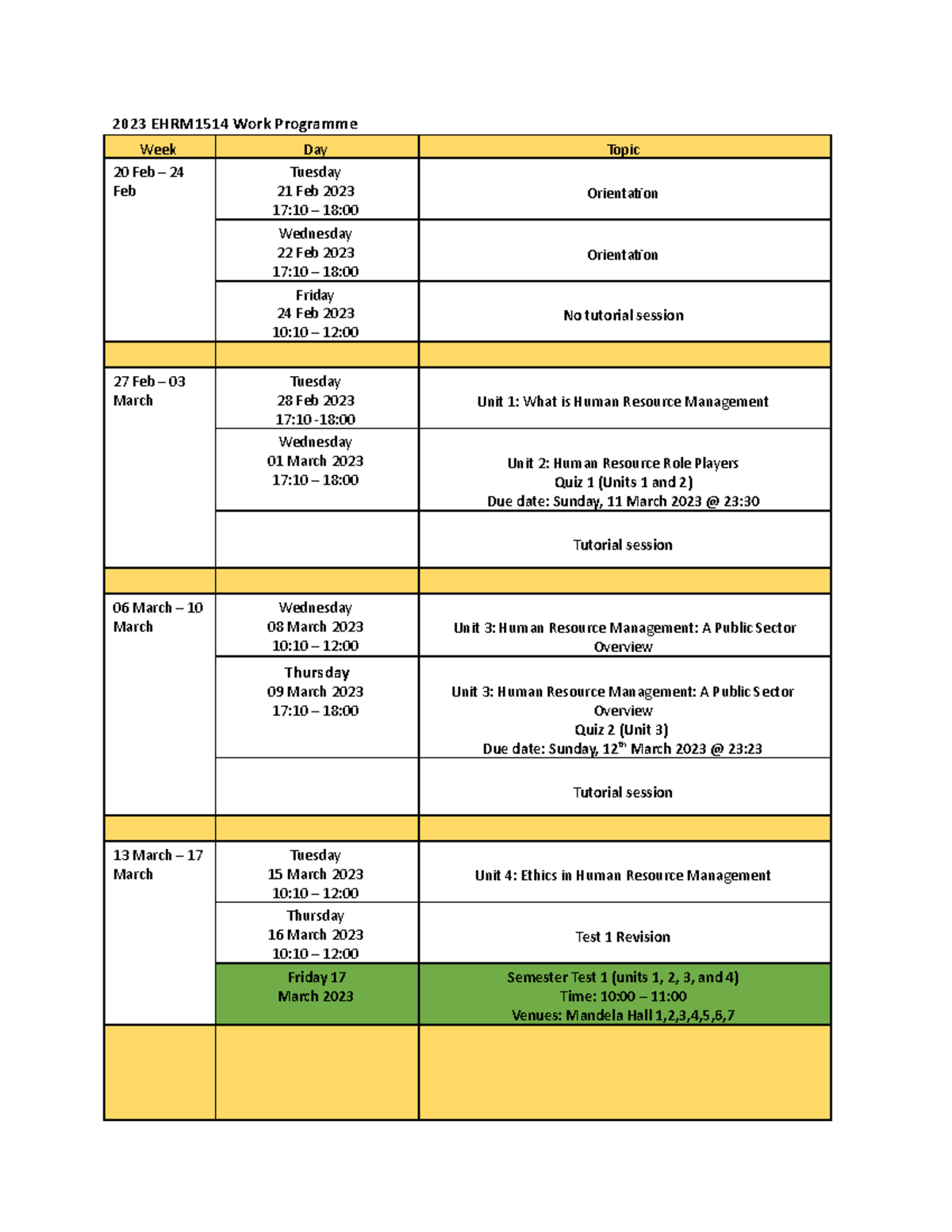 Final 2023 EHRM1514 Work Programme - 2023 EHRM1514 Work Programme Week ...