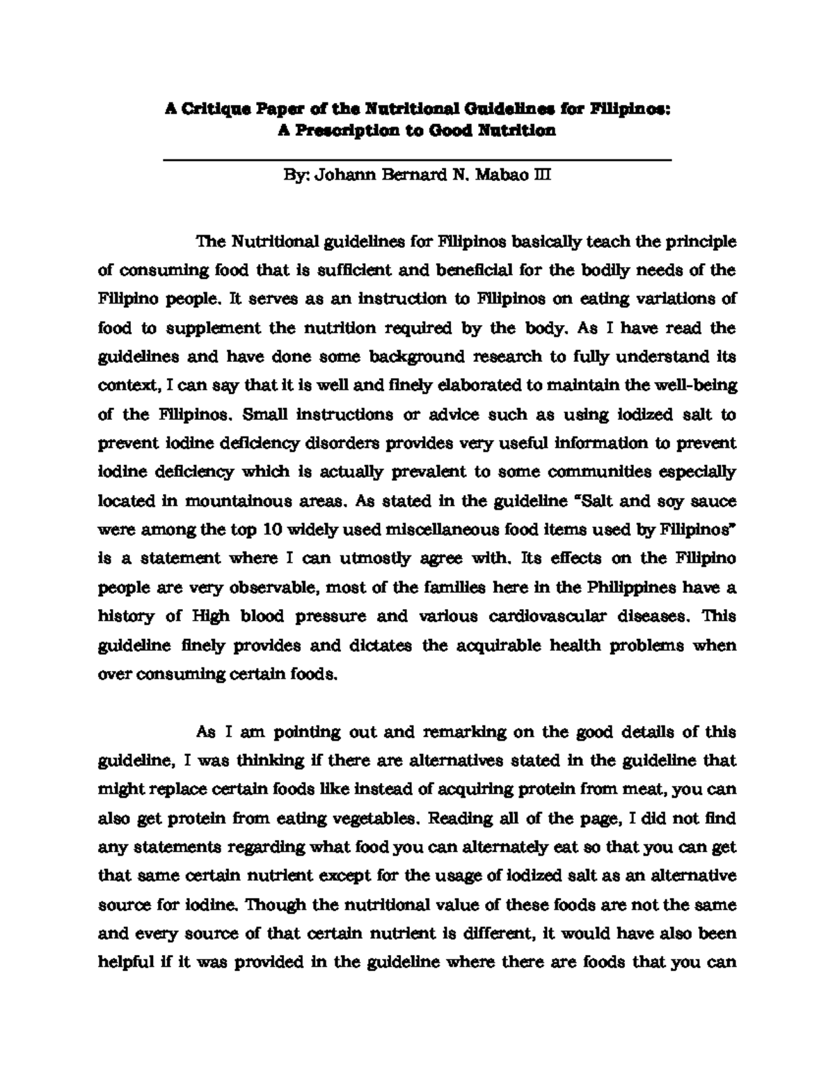 Critique paper for nutrition and dietetics - A Critique Paper of the ...