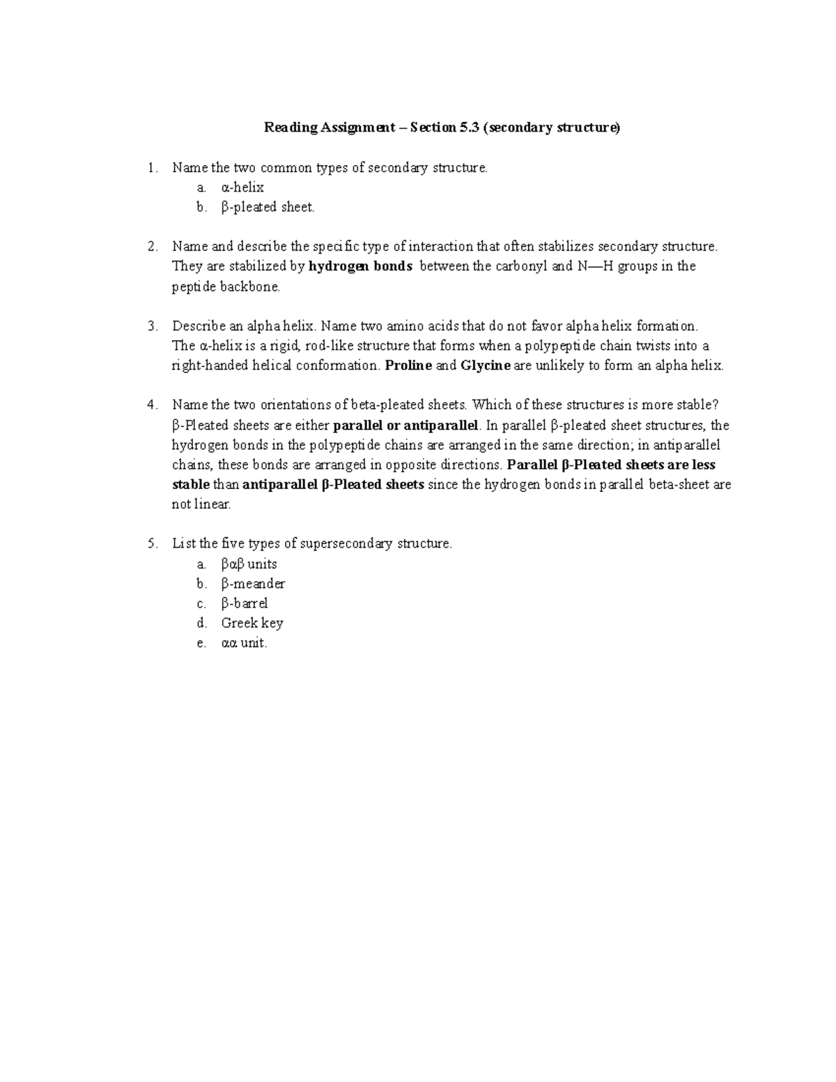 Pratice Questions 14 Reading Assignment Section 5 Secondary Structure Name The Two Common