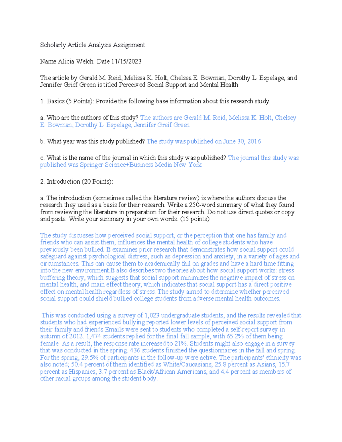 Scholarly Article Analysis Assignment - Reid, Melissa K. Holt, Chelsea E. Bowman, Dorothy L ...