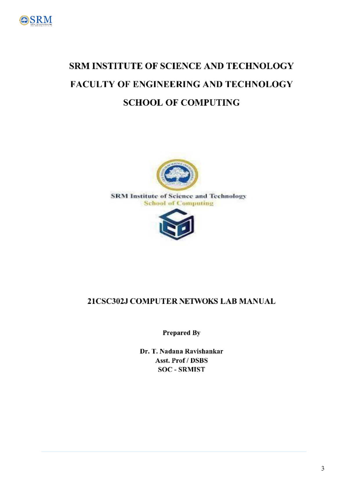 21CSC302J CN LAB Manual 2024 2025 ODD (till Ex 3) - a SRM SRM INSTITUTE OF SCIENCE AND ...