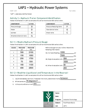 A11 Worksheet - Principles of Pneumatic Pressure and Flow - 1 Pneumatic ...