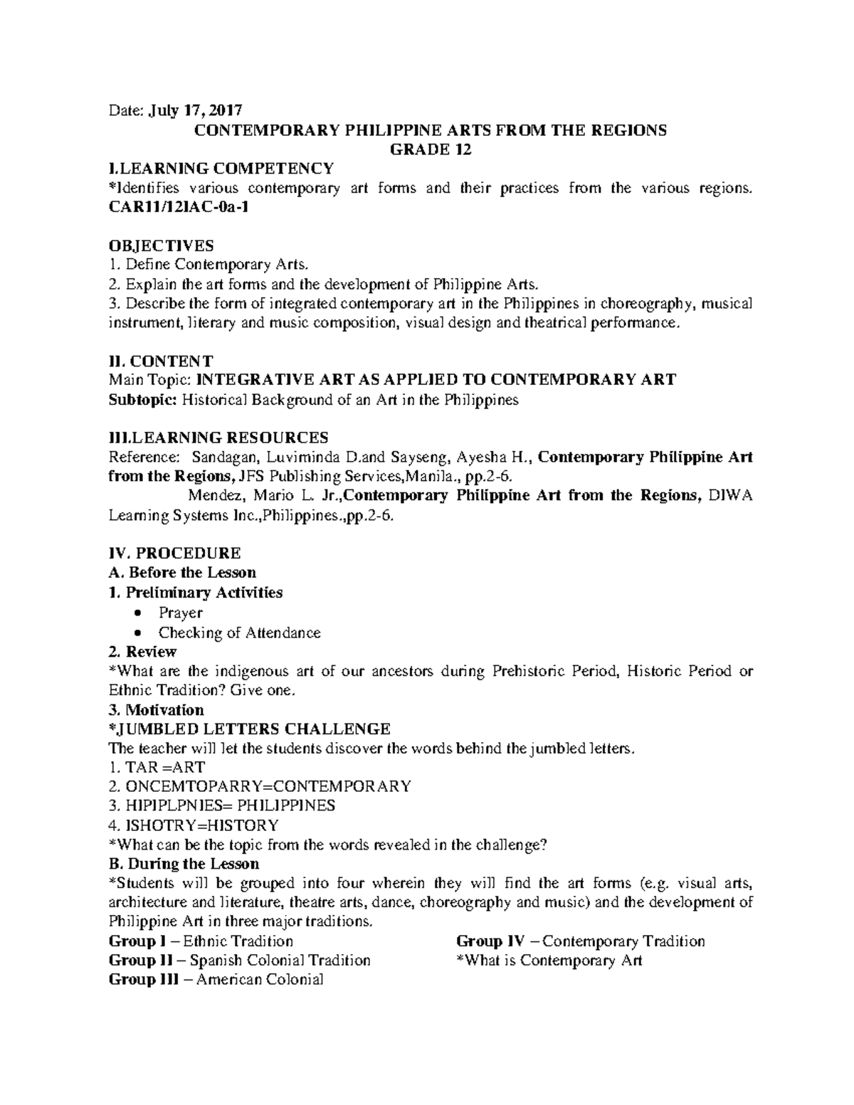 Lesson Plan in Contemporary Philippine A - Date: July 17, 2017 ...