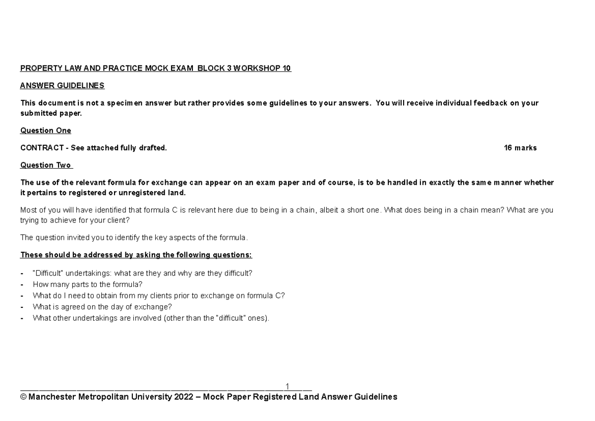 REG LAND MOCK ANSWERS - PROPERTY LAW AND PRACTICE MOCK EXAM BLOCK 3 ...