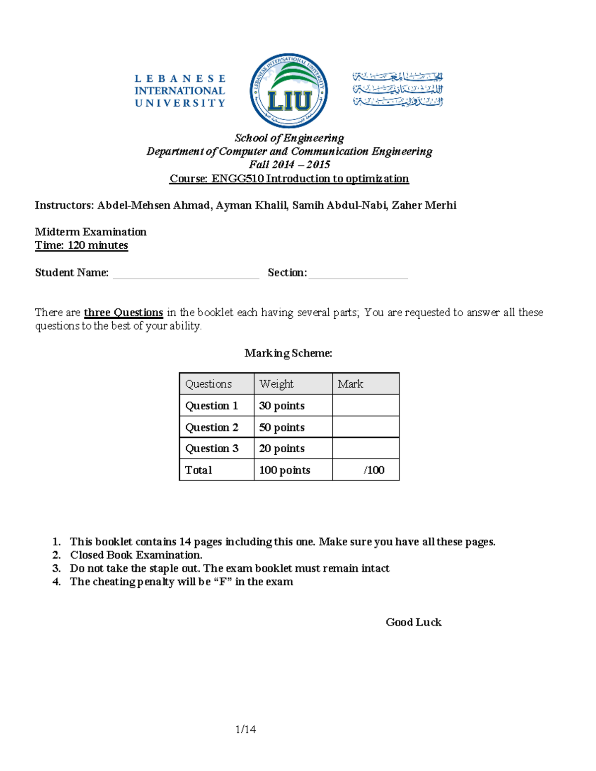 ENGG510 Fall 2014 midterm - School of Engineering Department of ...