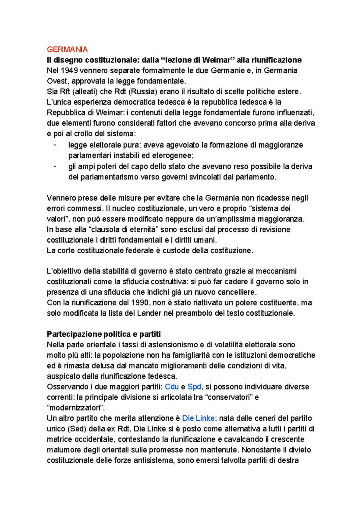 Germania PDF - riassunto politica tedesca - GERMANIA Il disegno ...