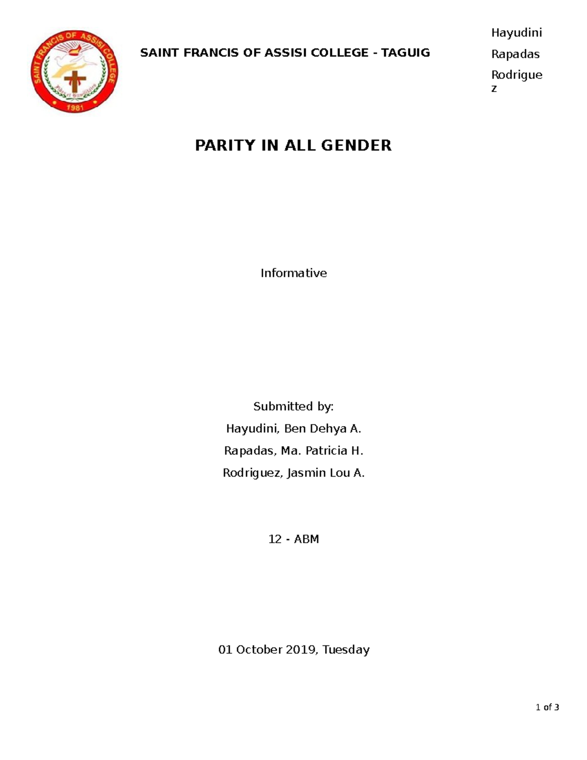 Gender - ffsf - PARITY IN ALL GENDER Informative Submitted by: Hayudini ...