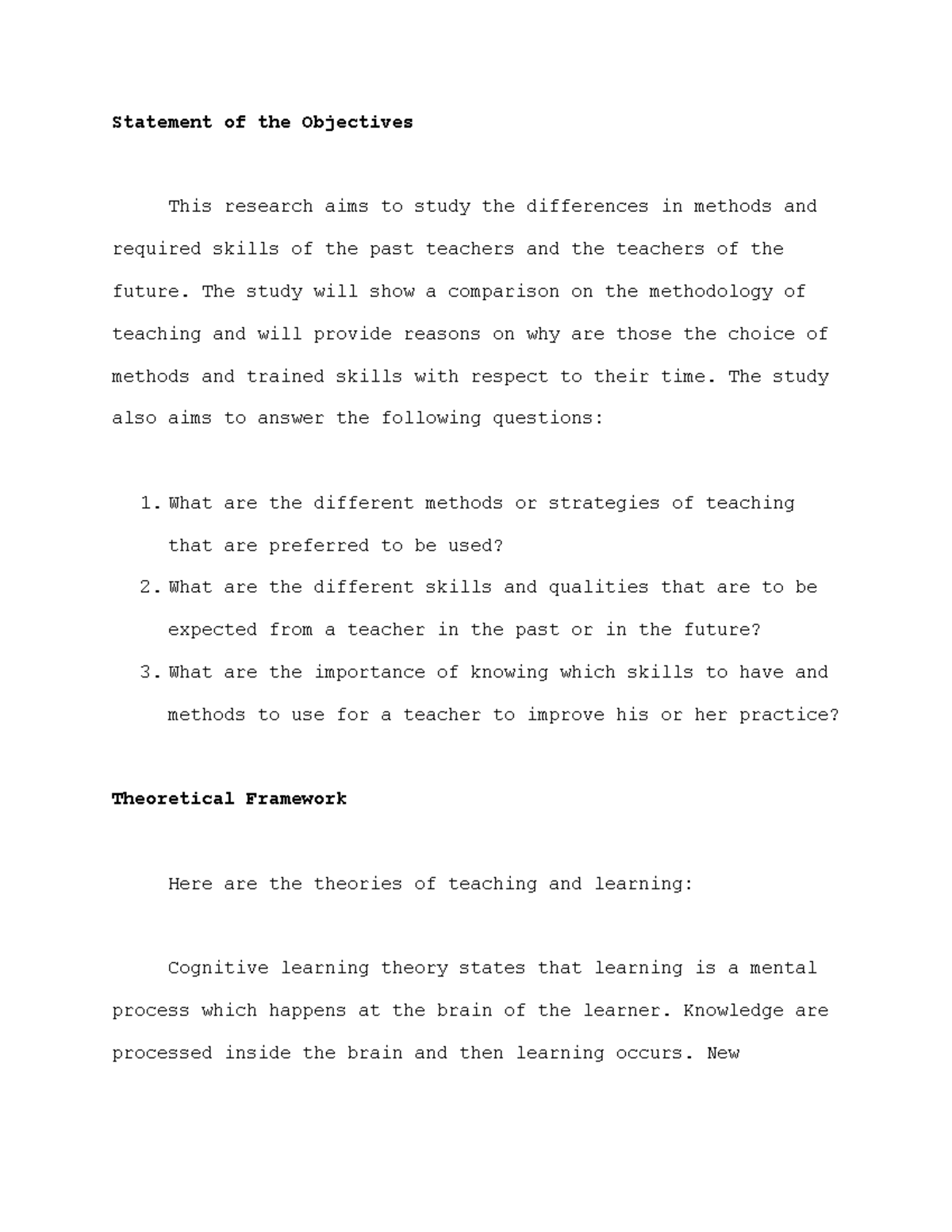 Teaching Methods - Chapter 1 of qualitative research paper - Statement ...