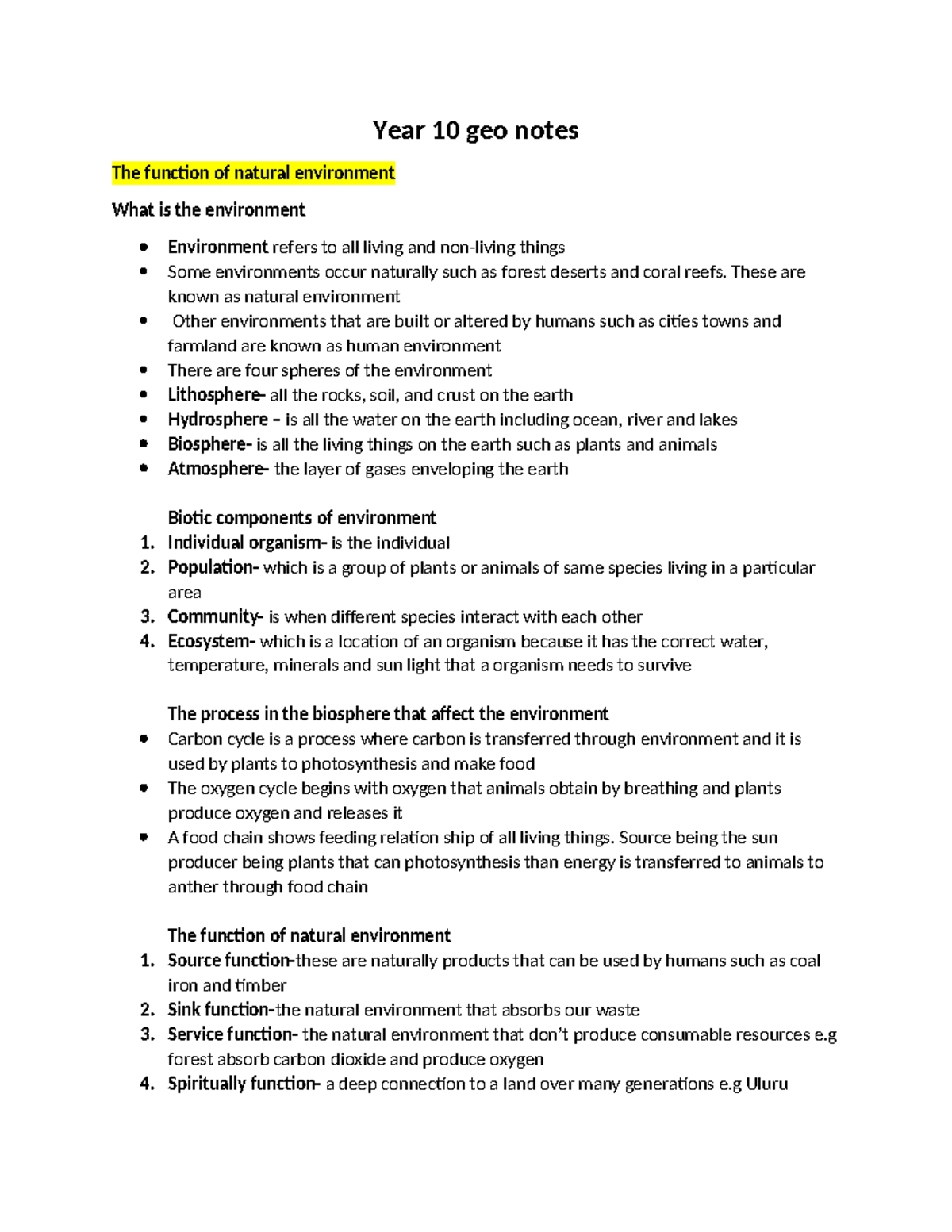 geo notes band 6 - Year 10 geo notes The function of natural ...