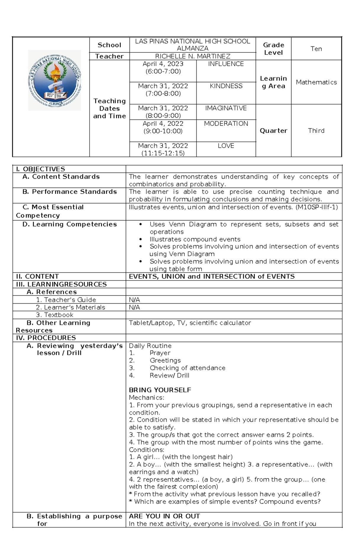 Detailed lesson plan - School LAS PINAS NATIONAL HIGH SCHOOL ALMANZA ...