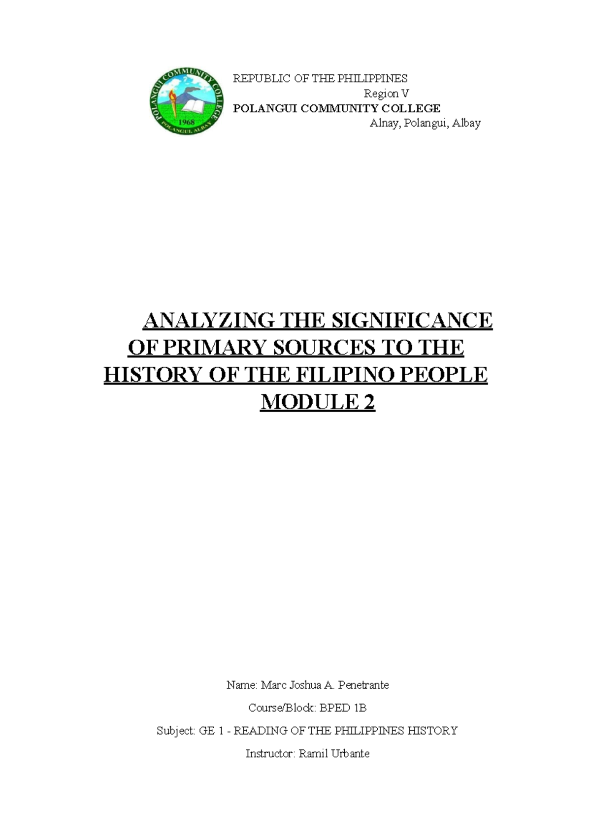 RPH ( Module 2 Section 3) - REPUBLIC OF THE PHILIPPINES Region V POLANGUI COMMUNITY COLLEGE ...