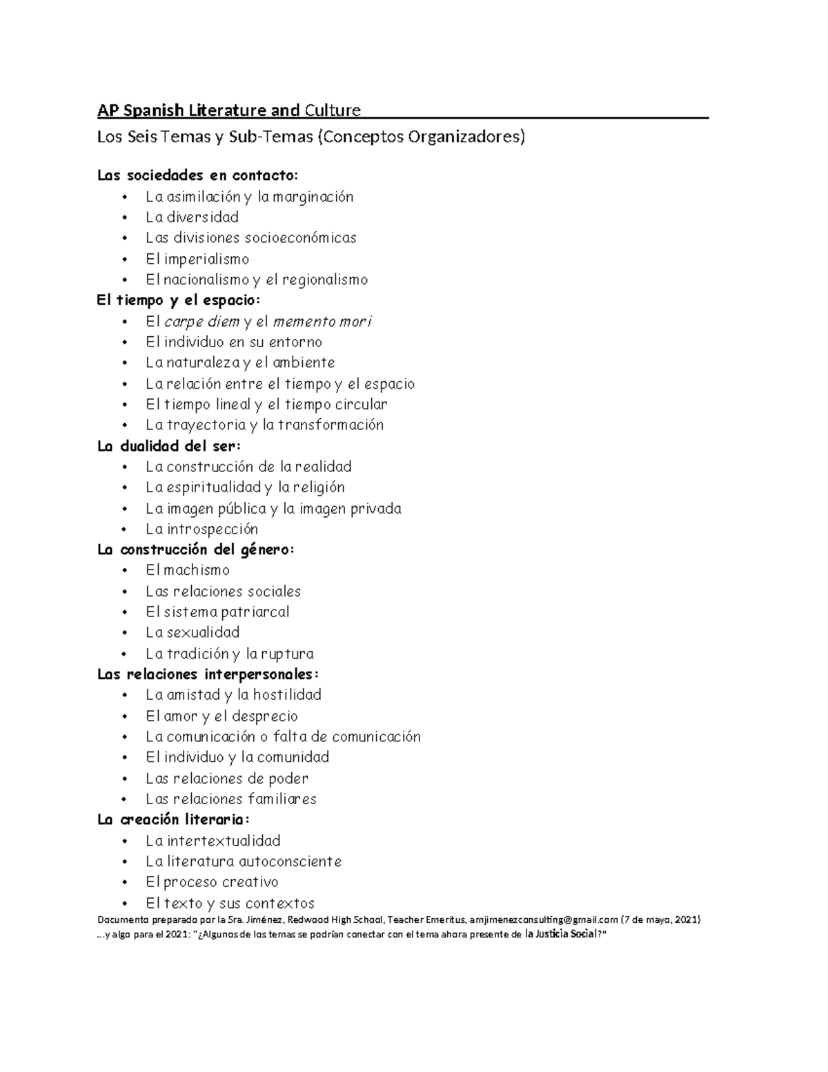 Los seis temas y sus sub temas jimenez 2021 - AP Spanish Literature and ...