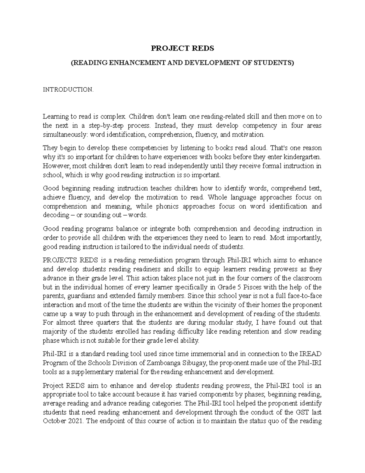 Project REDS - PROJECT REDS (READING ENHANCEMENT AND DEVELOPMENT OF ...