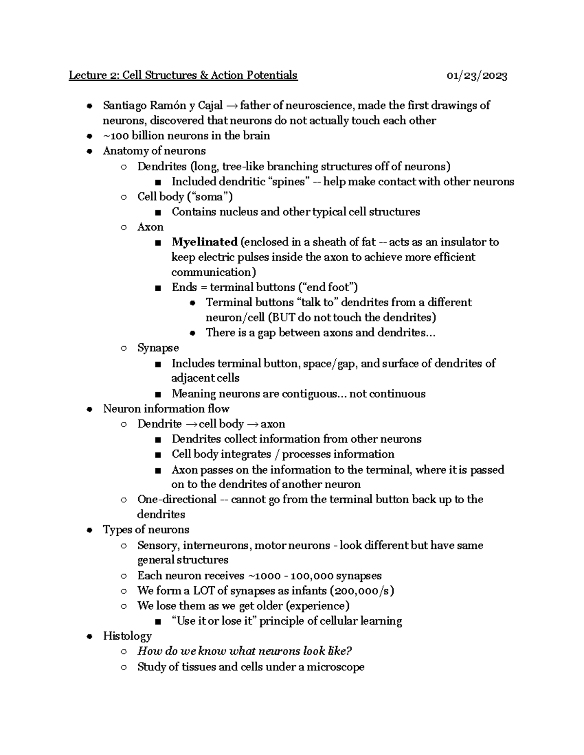 Lecture 2 Notes Cell Structures, Action Potentials - Lecture 2: Cell ...
