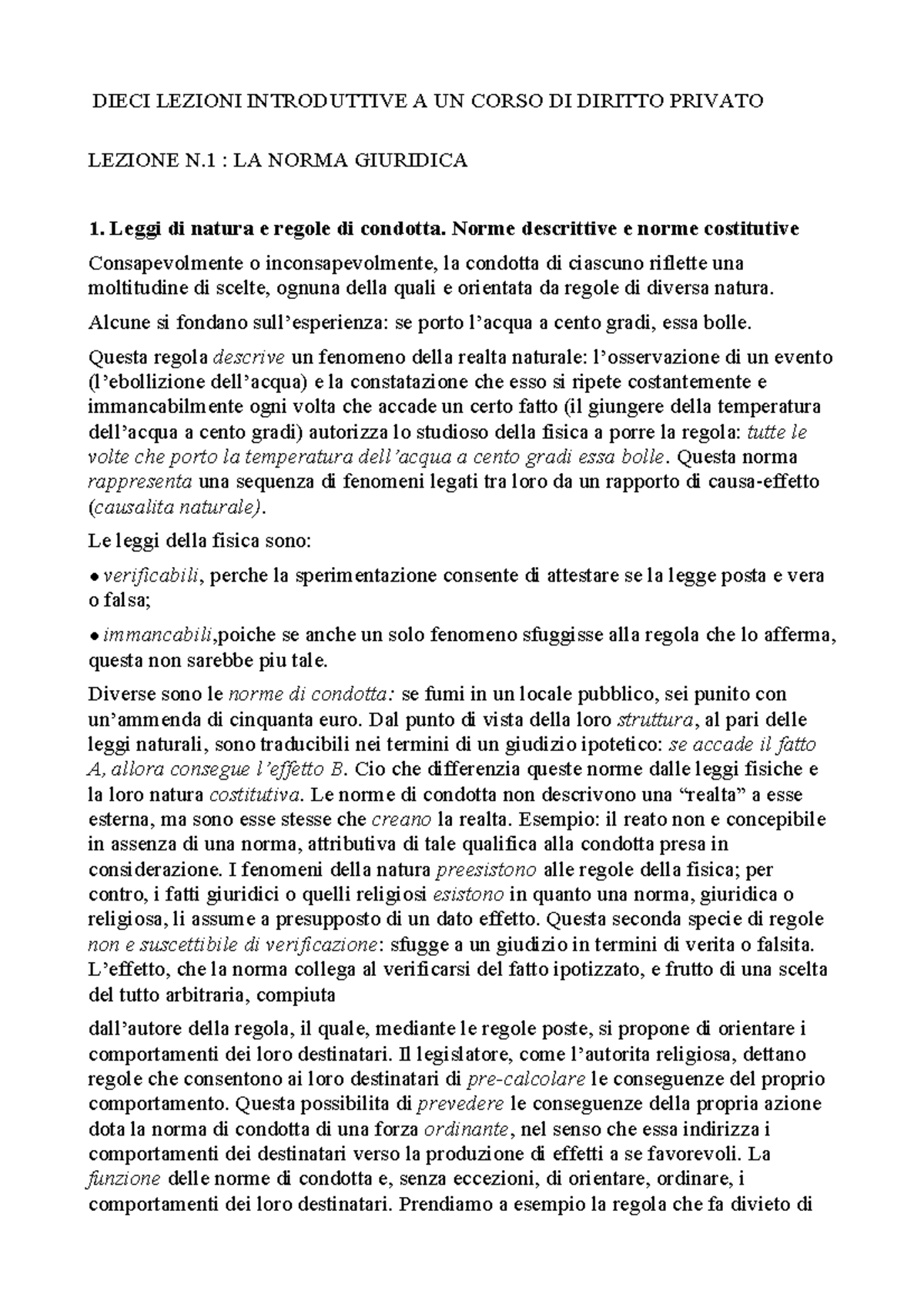 Lezione 1 Diritto Privato - DIECI LEZIONI INTRODUTTIVE A UN CORSO DI ...