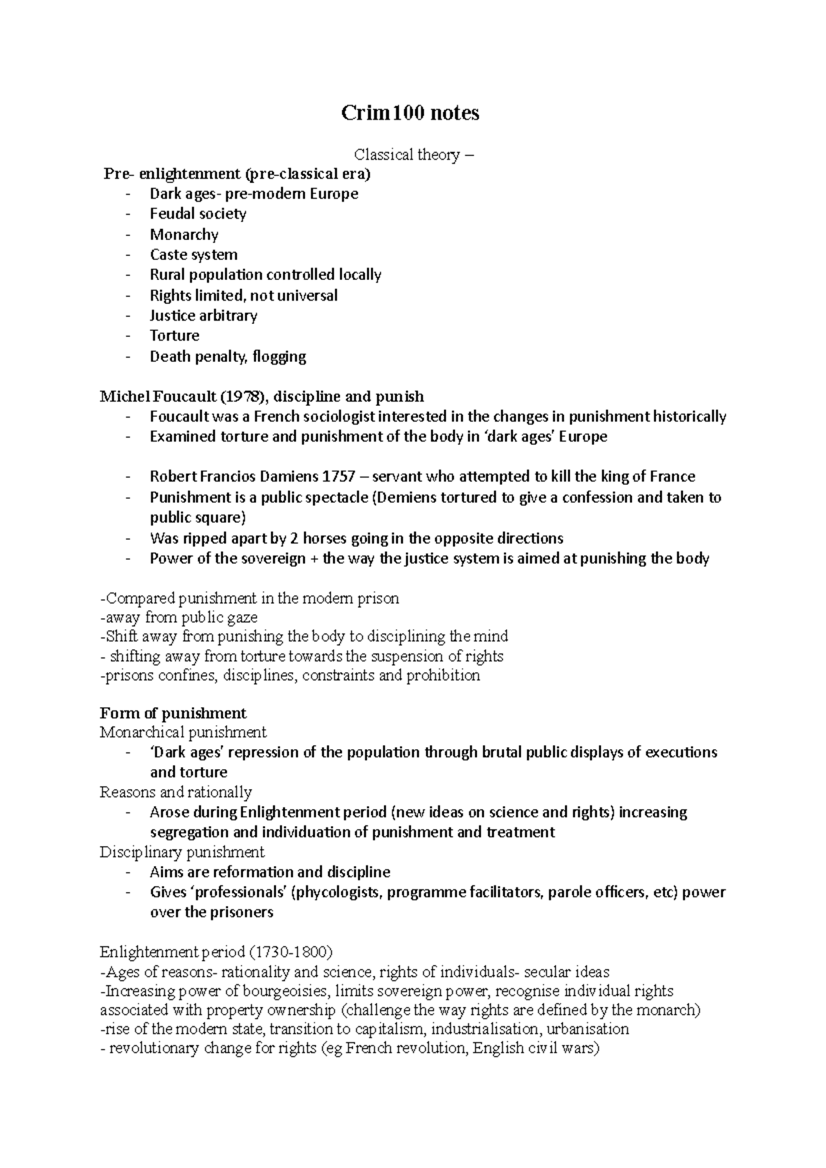 Crim100 notes - Crim100 notes Classical theory – Pre- enlightenment ...