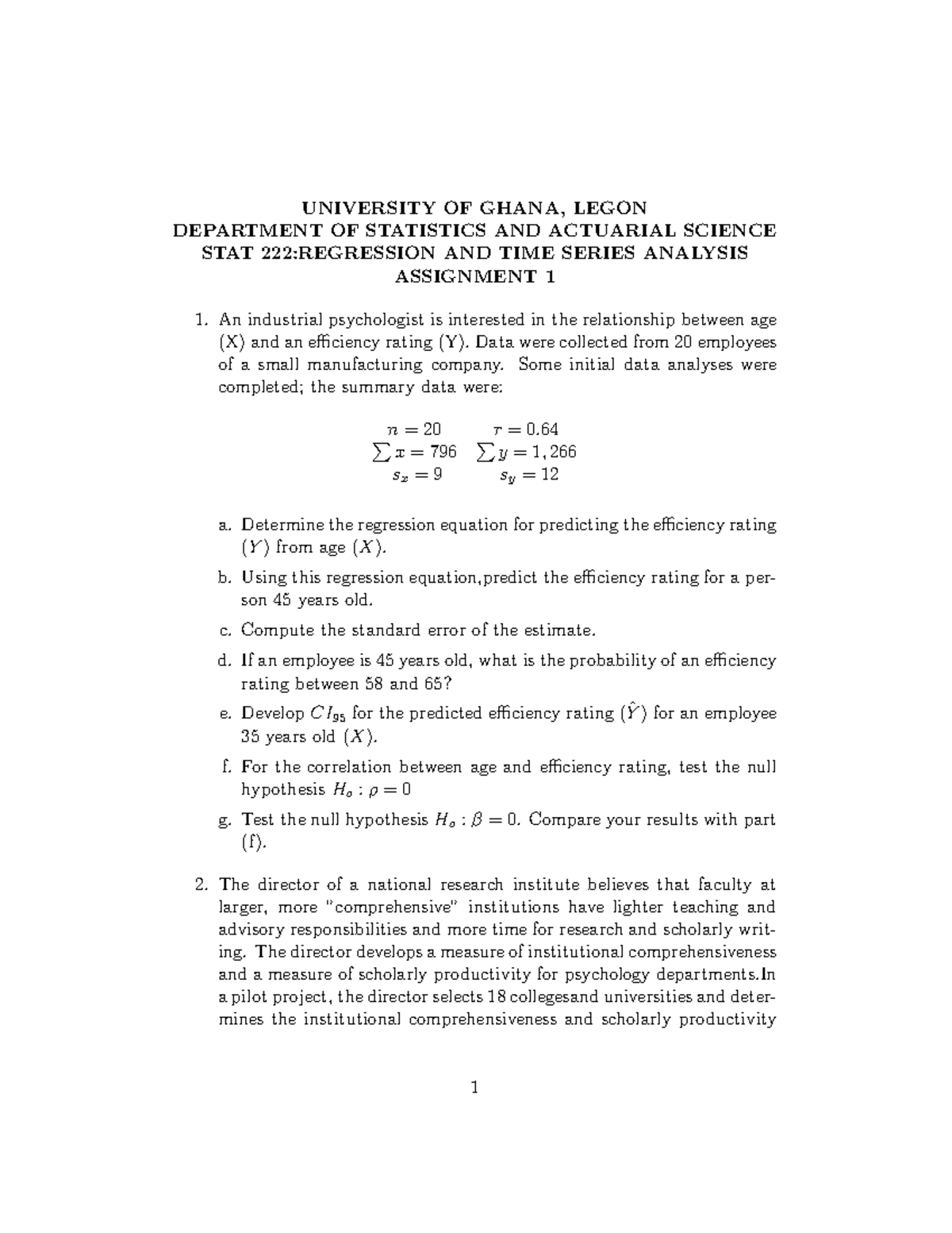 Stat 222 Assign 1 University Of Ghana Legon Department Of Statistics And Actuarial Science 