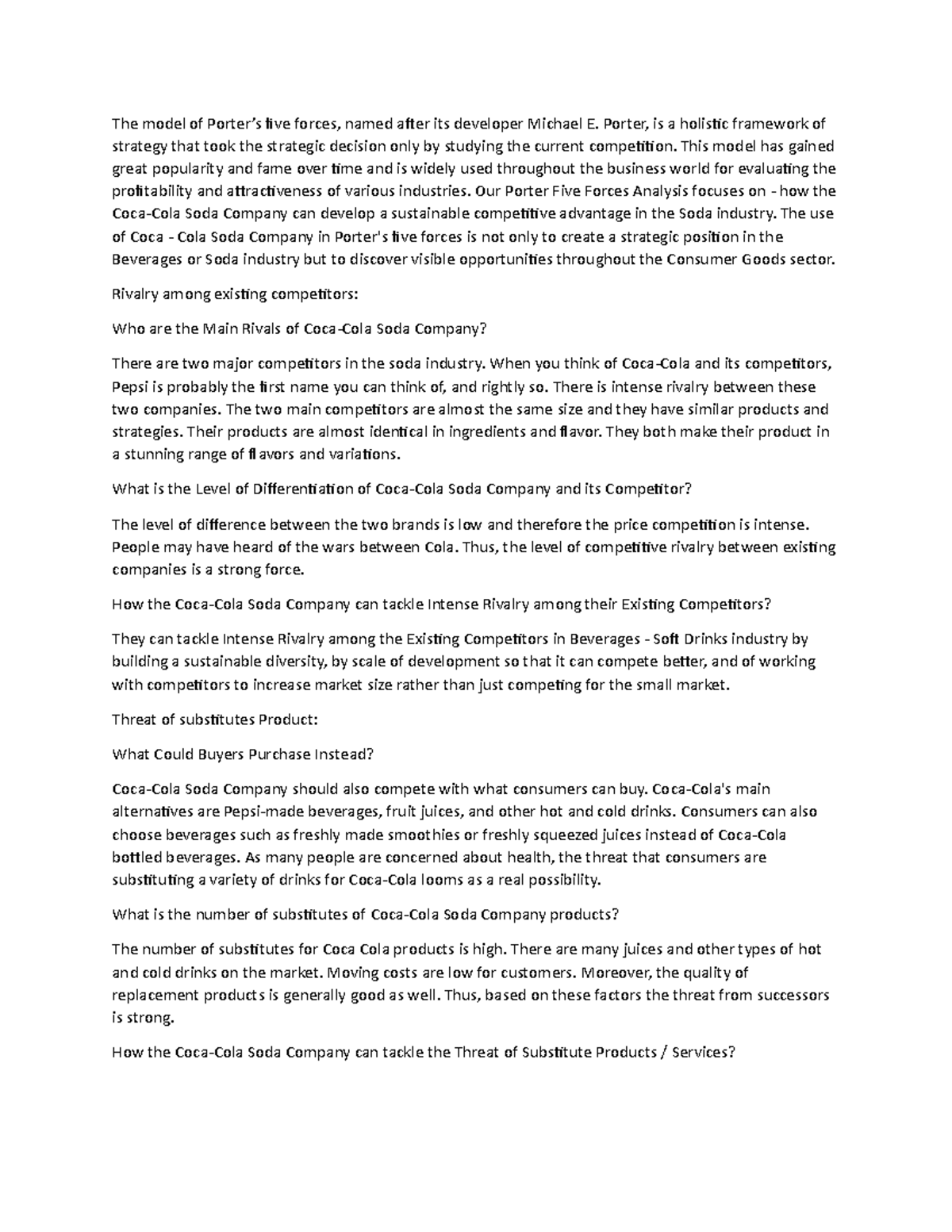 Coke - Written in this is the porter's five forces of analysis of Coca ...