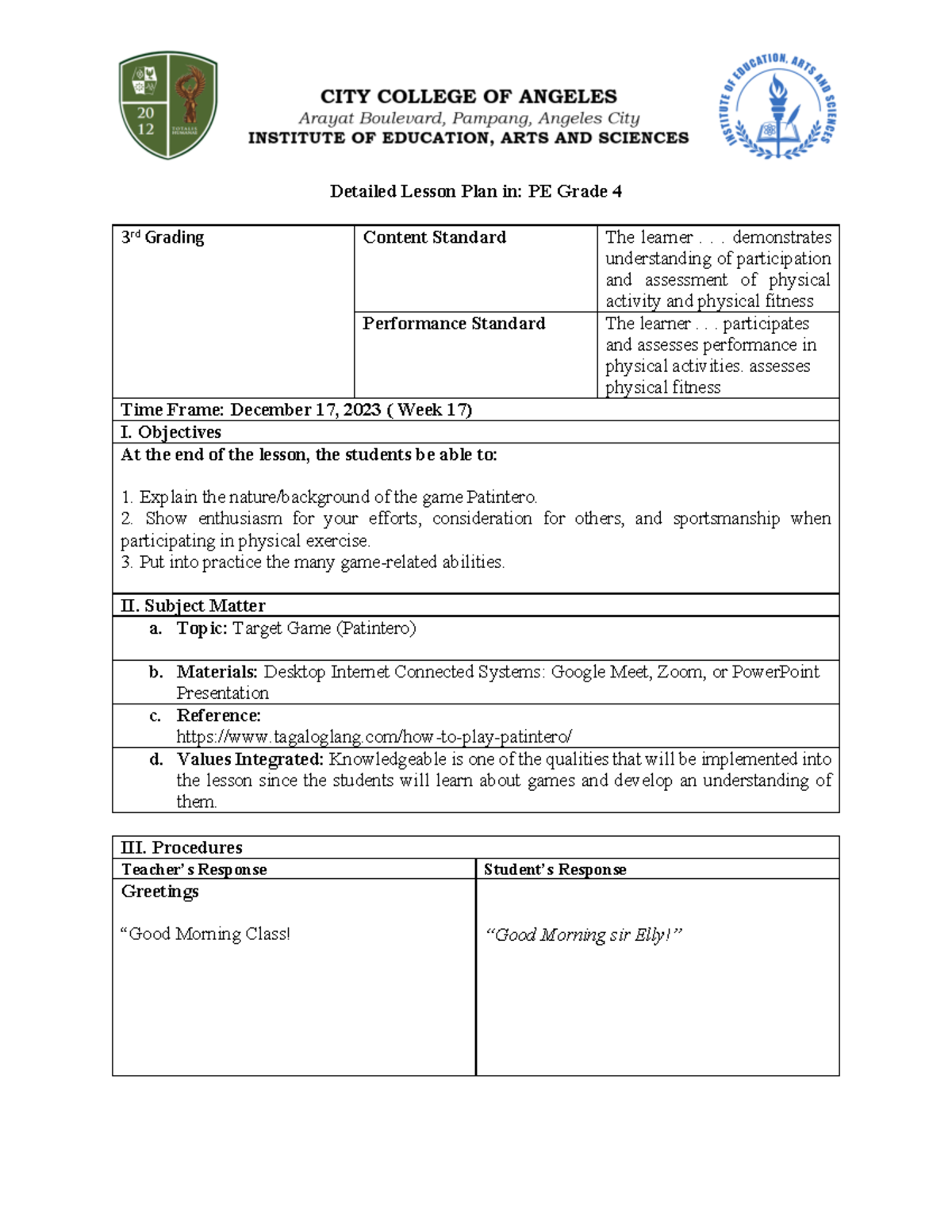 Detailed Lesson Plan in Sir Jayson - Detailed Lesson Plan in: PE Grade ...