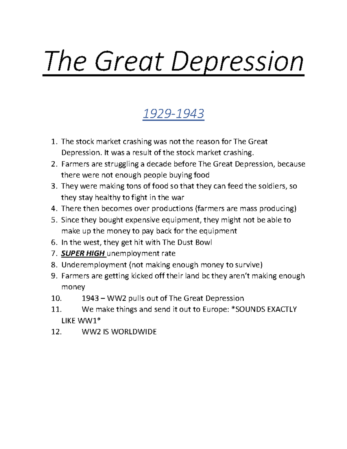 The Great Depression Notes - The Great Depression 1929- The stock ...