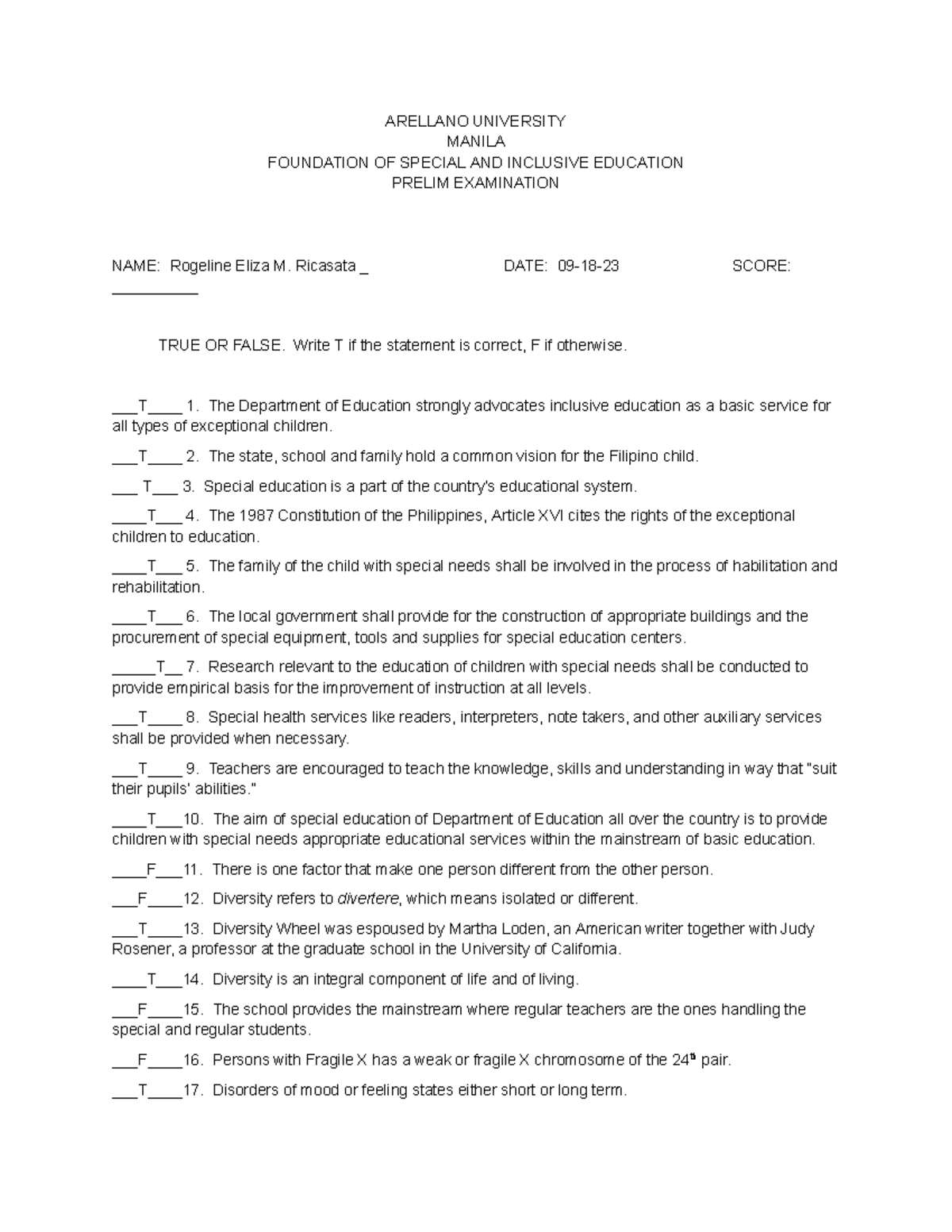Prelim exam sped - essay - ARELLANO UNIVERSITY MANILA FOUNDATION OF ...
