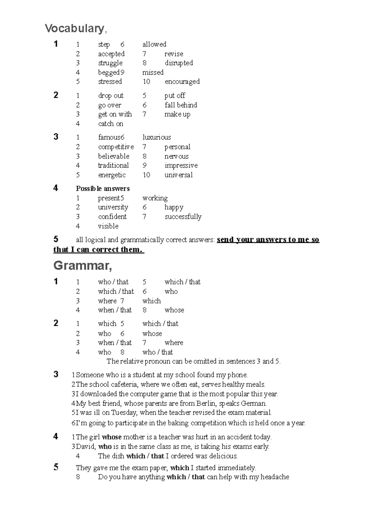 Vocabulary and grammar worksheet keys - Vocabulary, 1 1 step 6 allowed ...