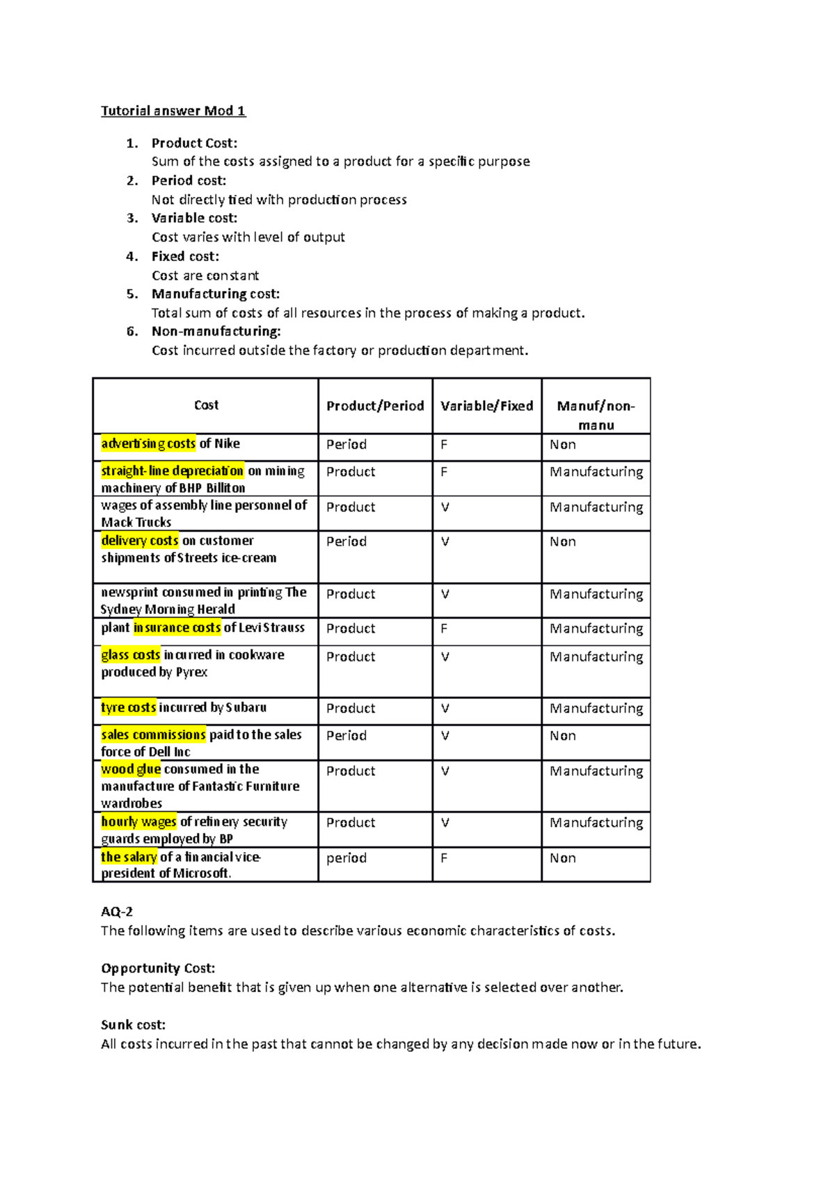 Tutorial Workshop Answer notes Module 1 - 2 - Tutorial answer Mod 1 1 ...