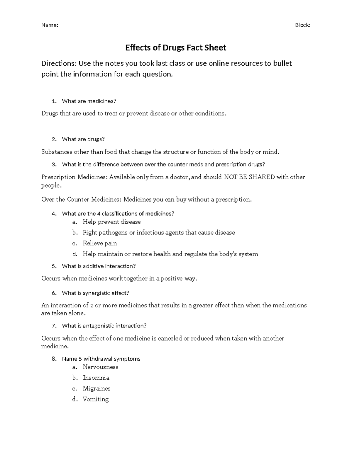 Effects of Drugs Fact Sheet - Effects of Drugs Fact Sheet Directions ...