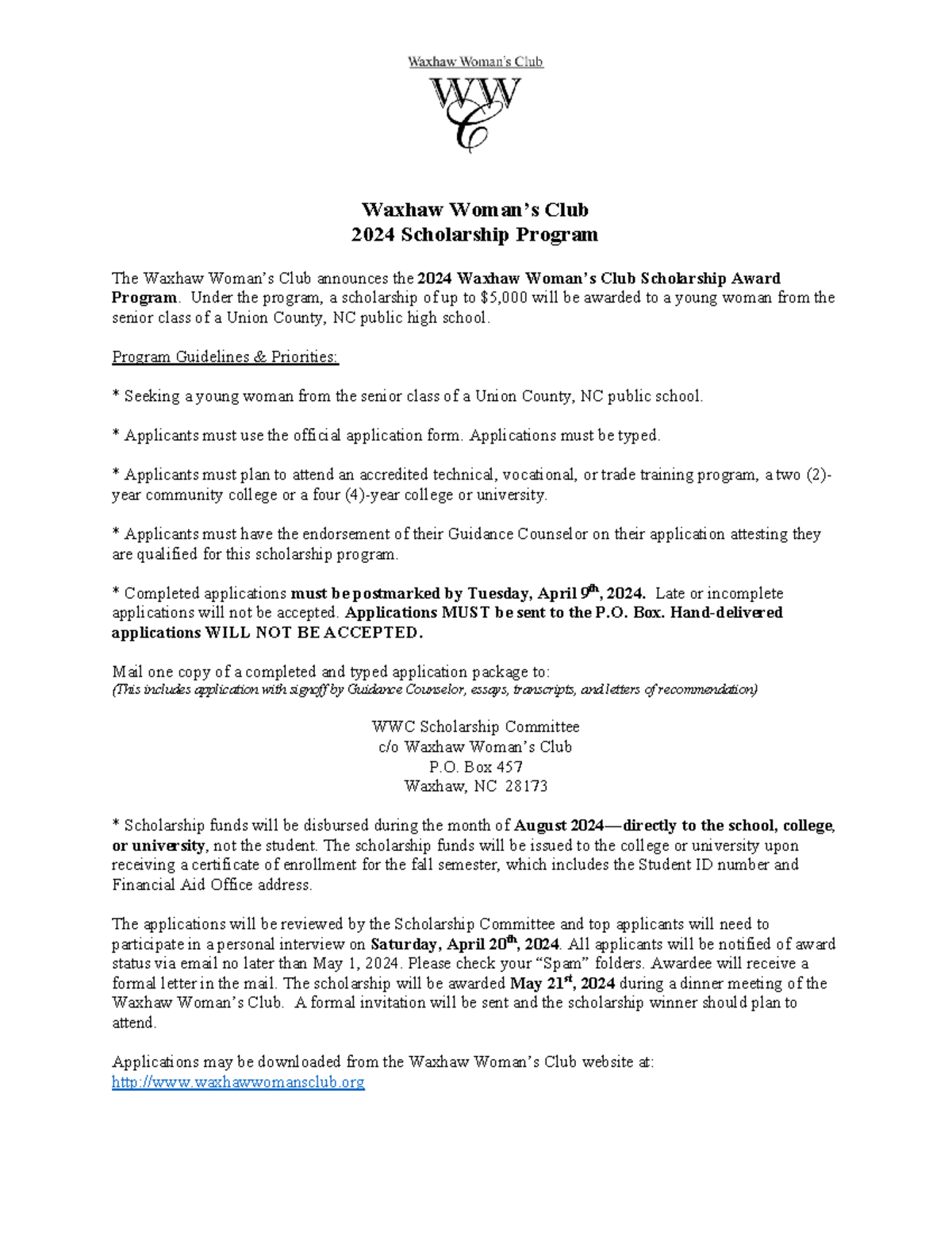 2024 WWC Scholarship Application - Waxhaw Woman’s Club 2024 Scholarship ...