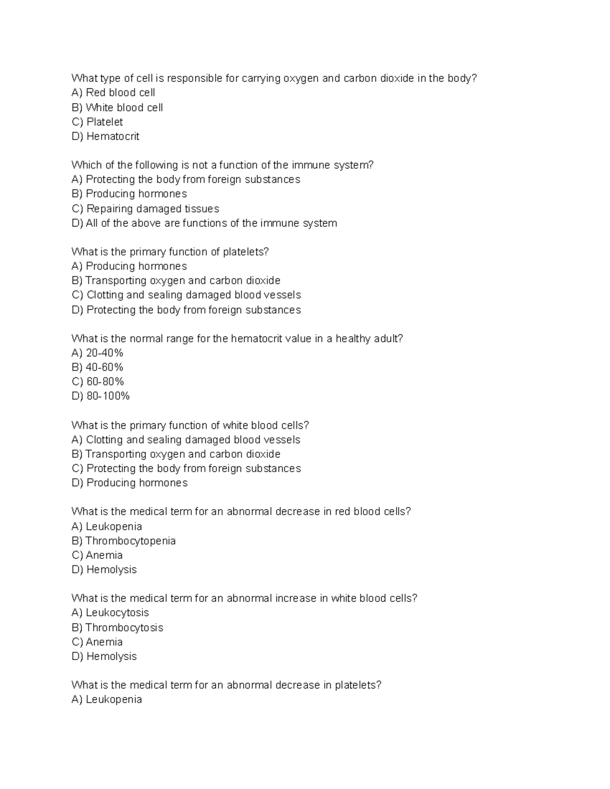 Hematological quiz - What type of cell is responsible for carrying ...