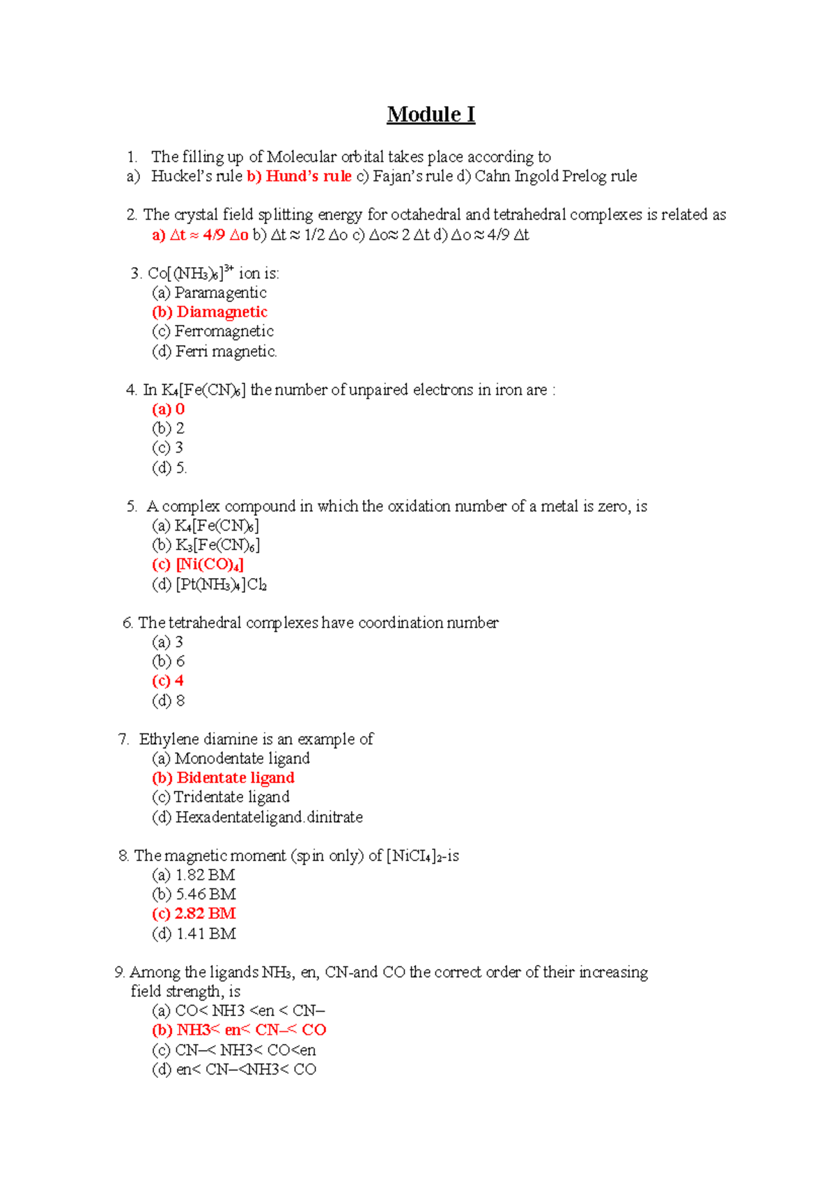 21CYB101J+ct1Q+bank - Unit 1 - Module I The filling up of Molecular ...
