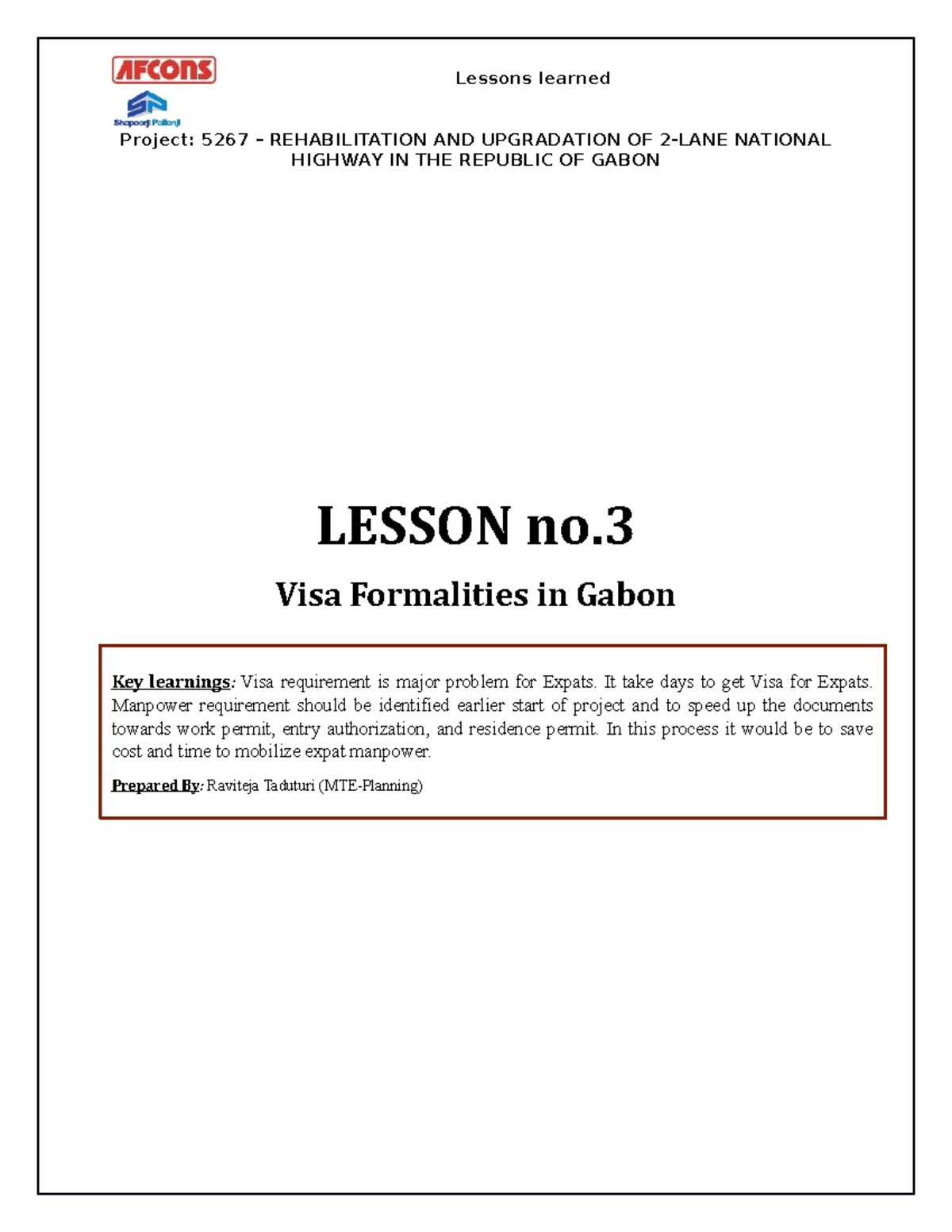 Lessons Learned-3 - Good course - Lessons learned Project: 5267 ...