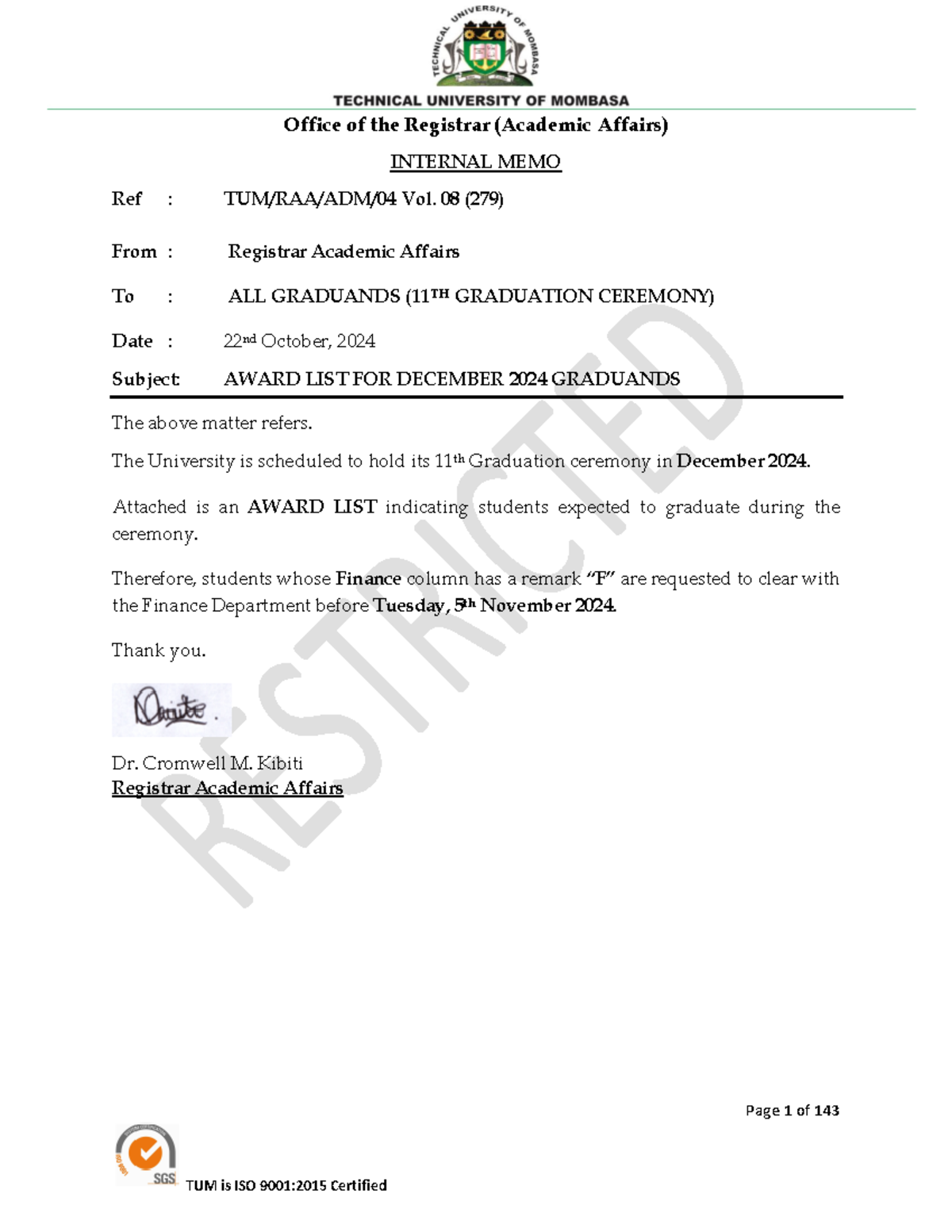 1- TUM Graduation Award LIST FOR THE 11TH Graduation Ceremony Scheduled ...