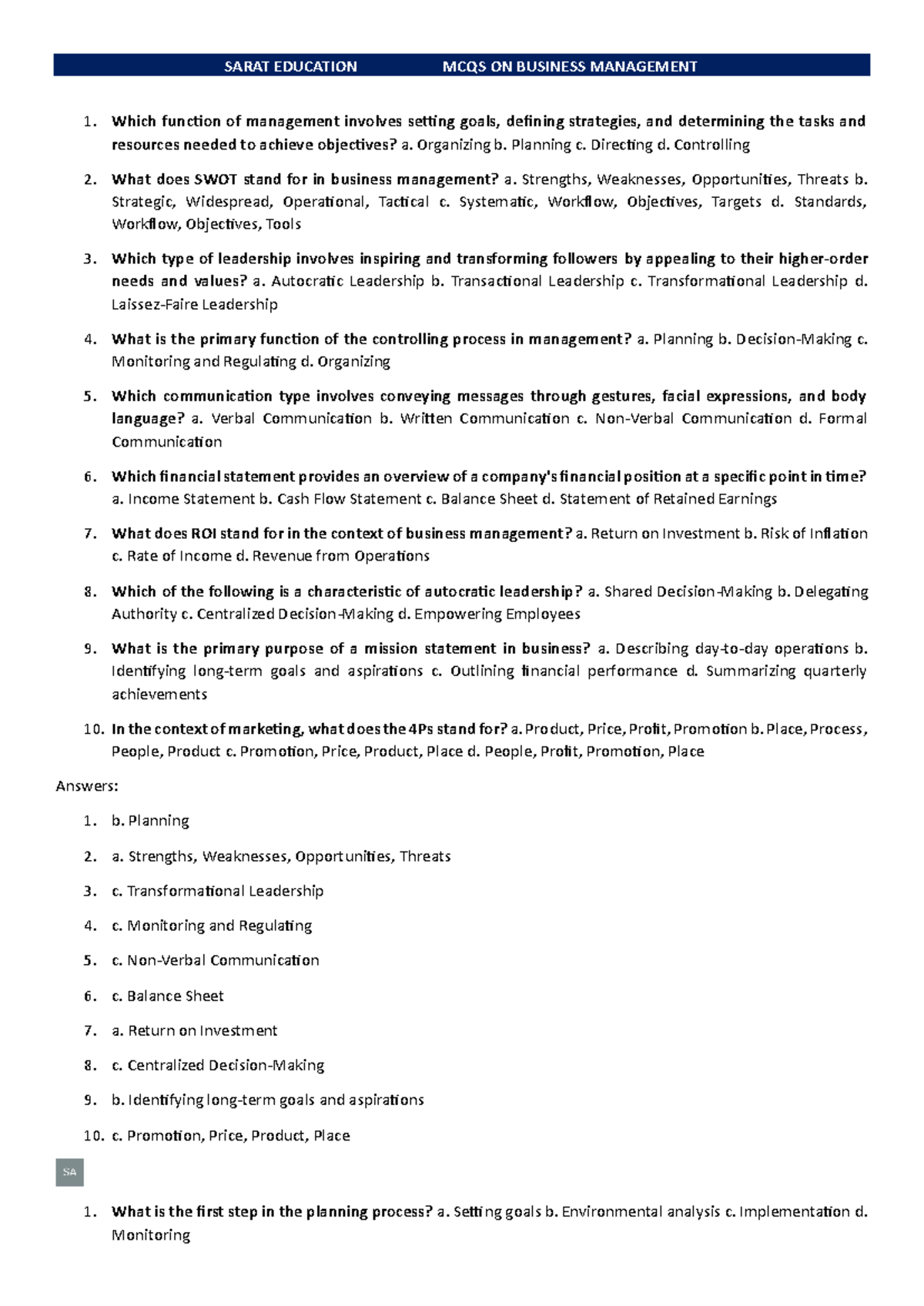 BM MCQS - Business mathematics - Which function of management involves ...