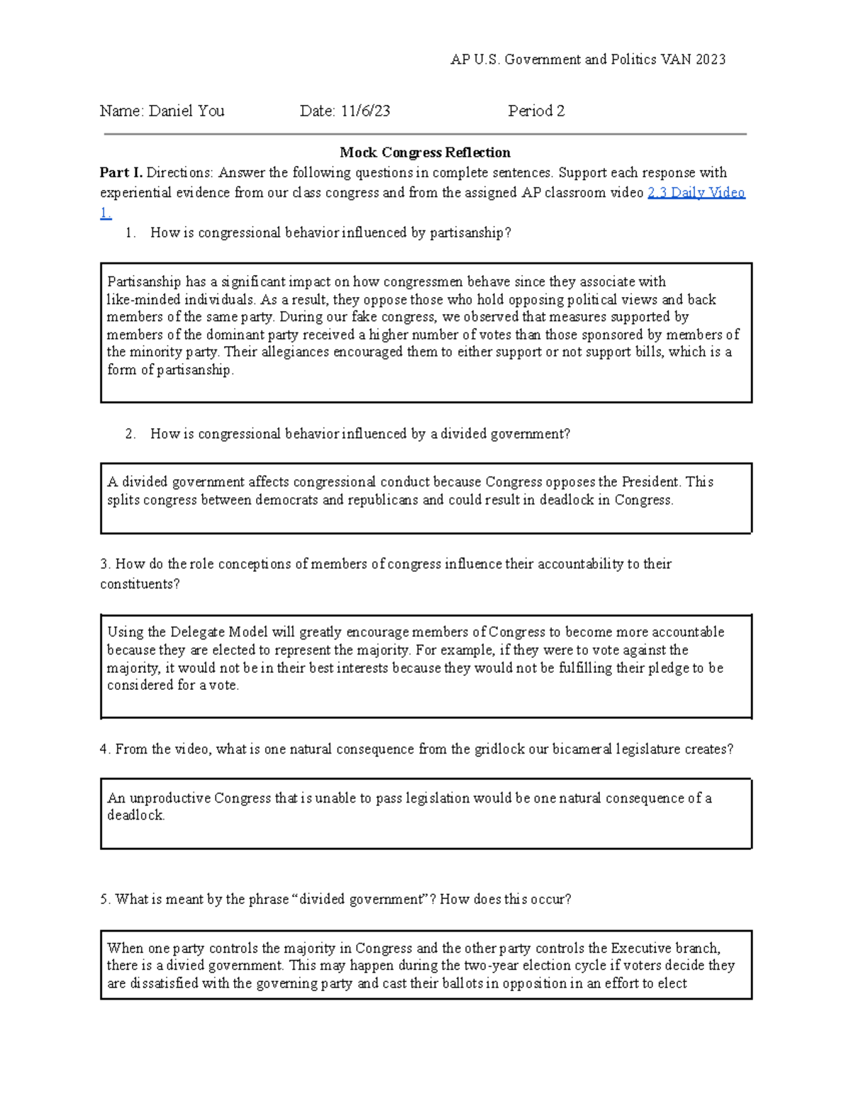 Copy of Mock Congress Reflection - AP U. Government and Politics VAN ...
