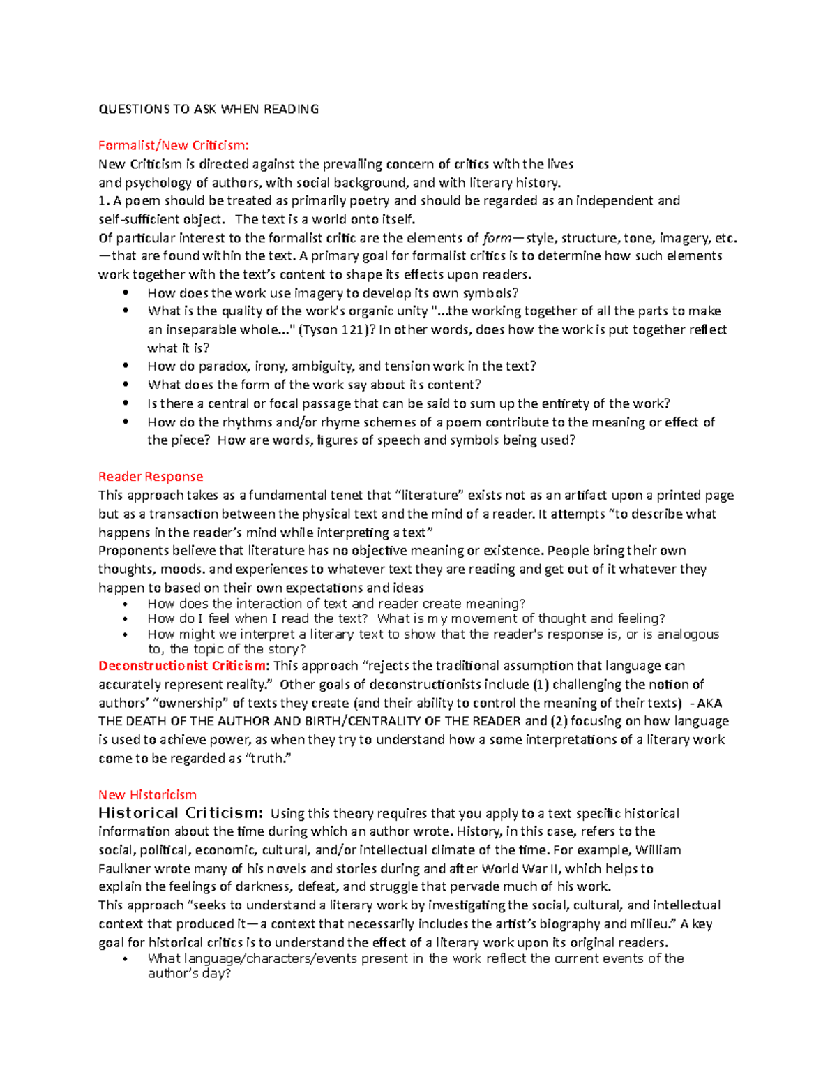 Literary - ENG - QUESTIONS TO ASK WHEN READING Formalist/New Criticism ...