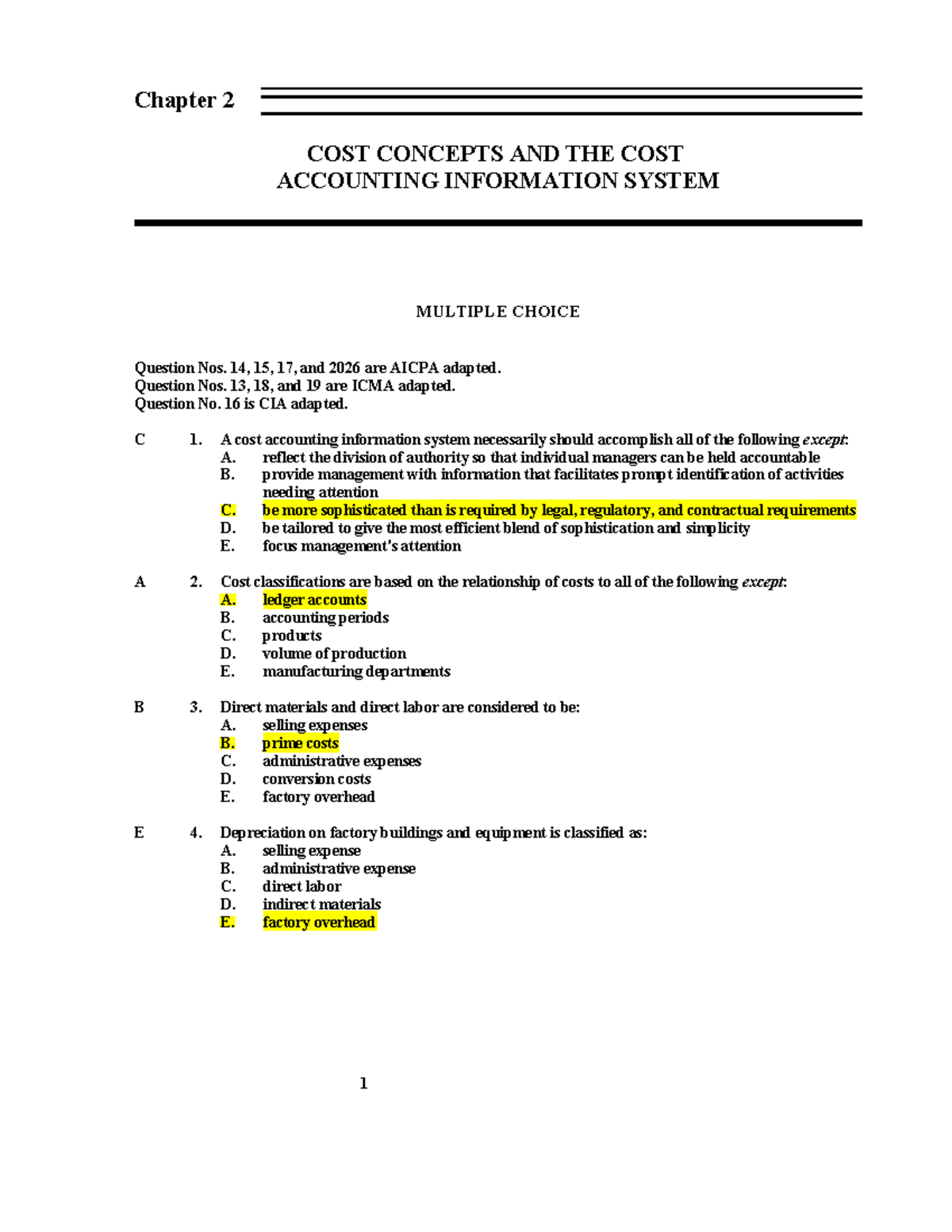 Fin 073 - 1 Chapter 2 COST CONCEPTS AND THE COST ACCOUNTING INFORMATION ...