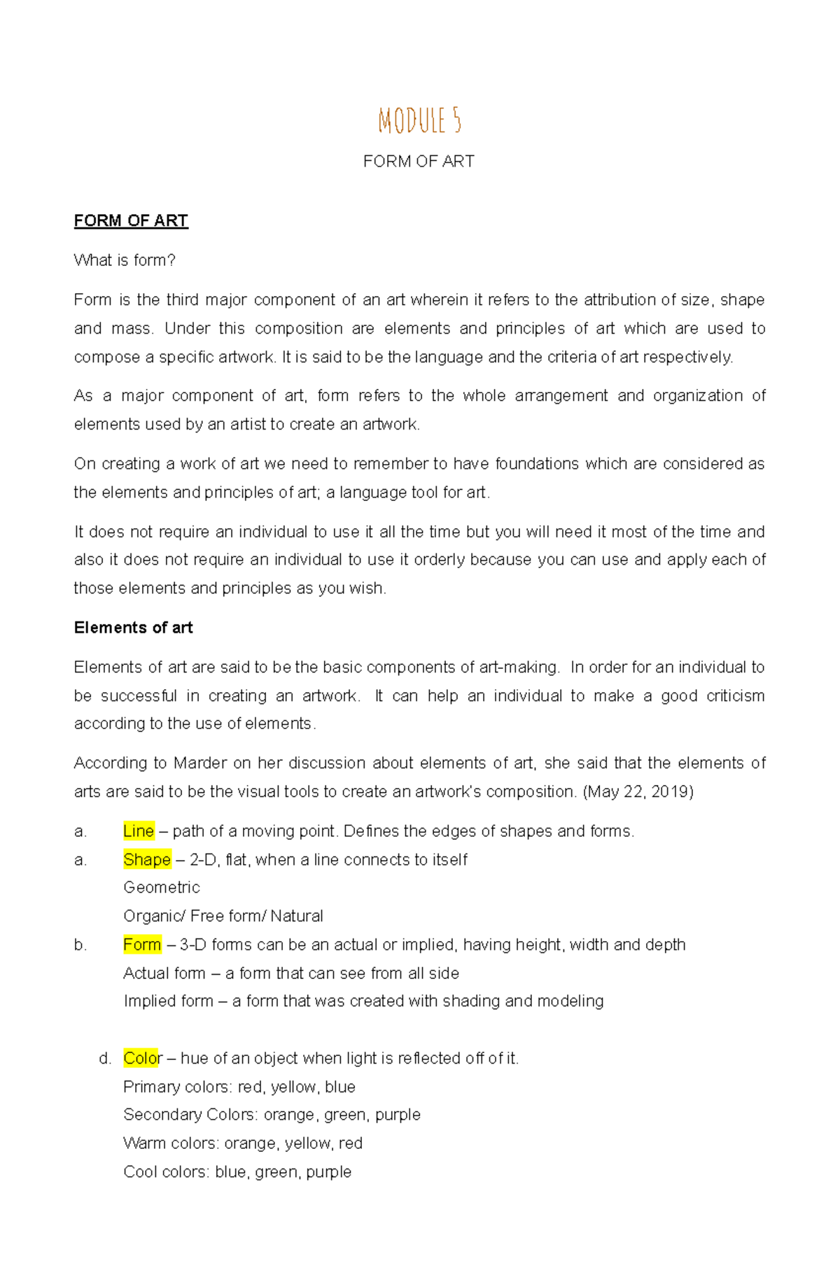Module 5 Art App Notes - Form of Art Professor: Geno - MODULE 5 FORM OF ...