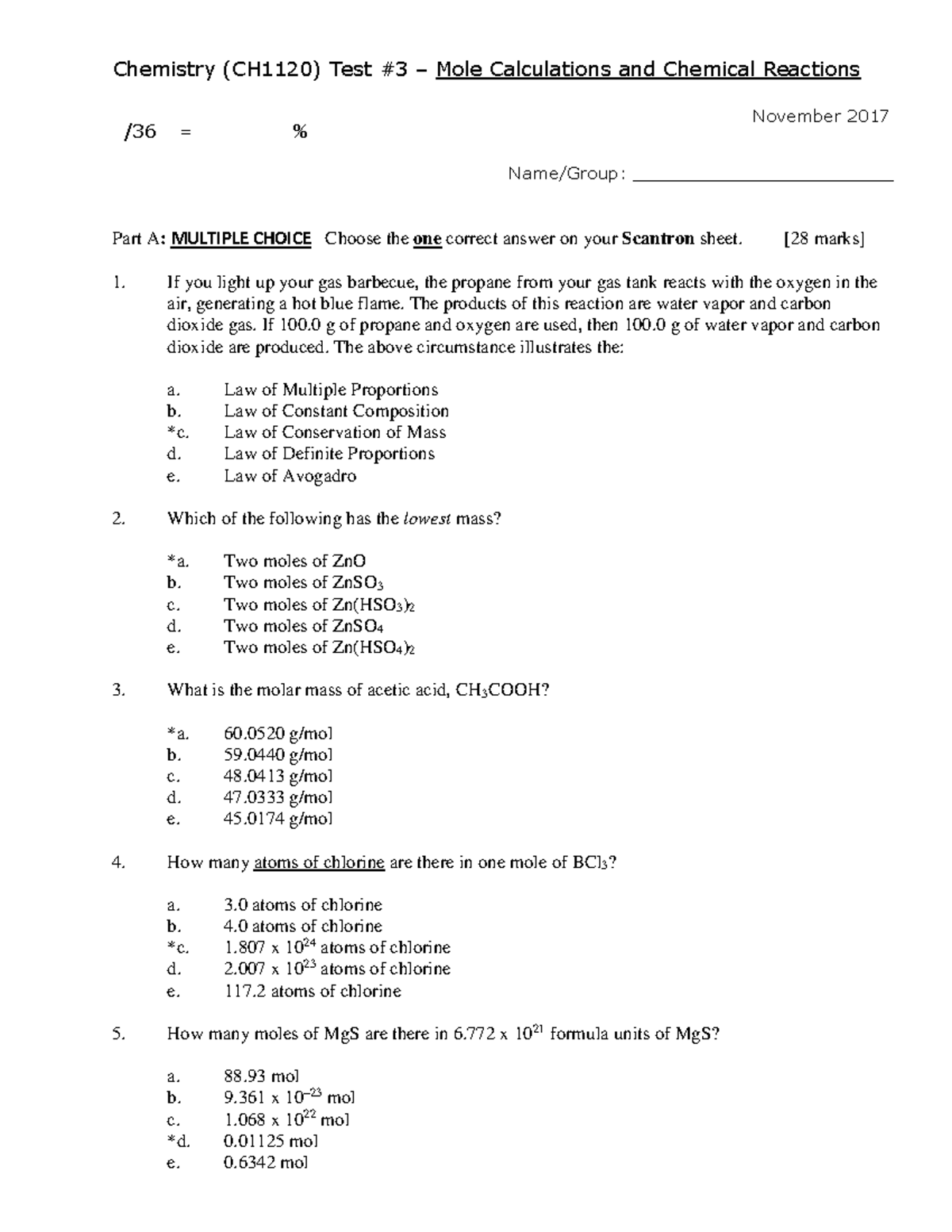 Test 3 Key November 2017 - Chemistry (CH1120) Test #3 – Mole ...