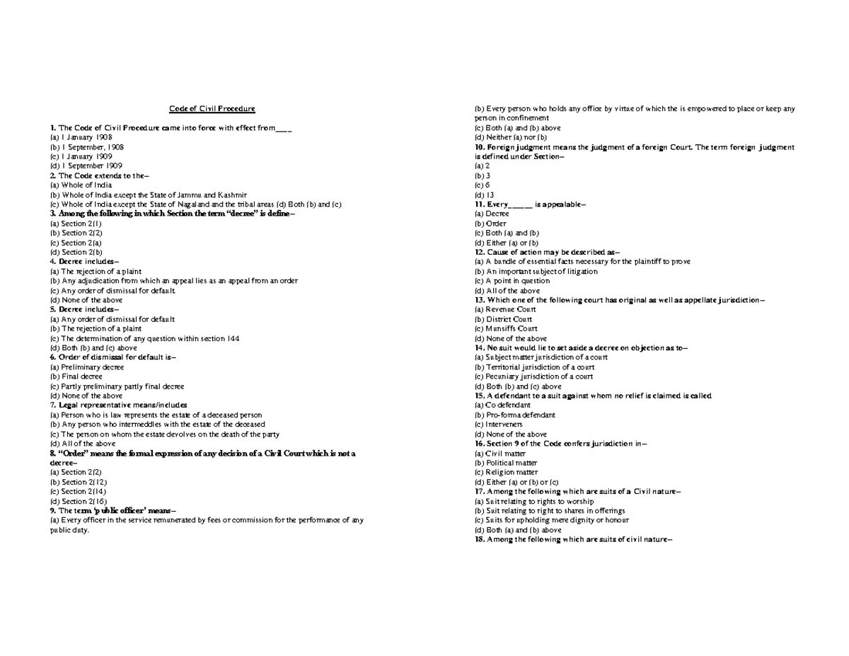 Cpc mcq - Code of Civil Procedure 1. The Code of Civil Procedure came into force with effect ...