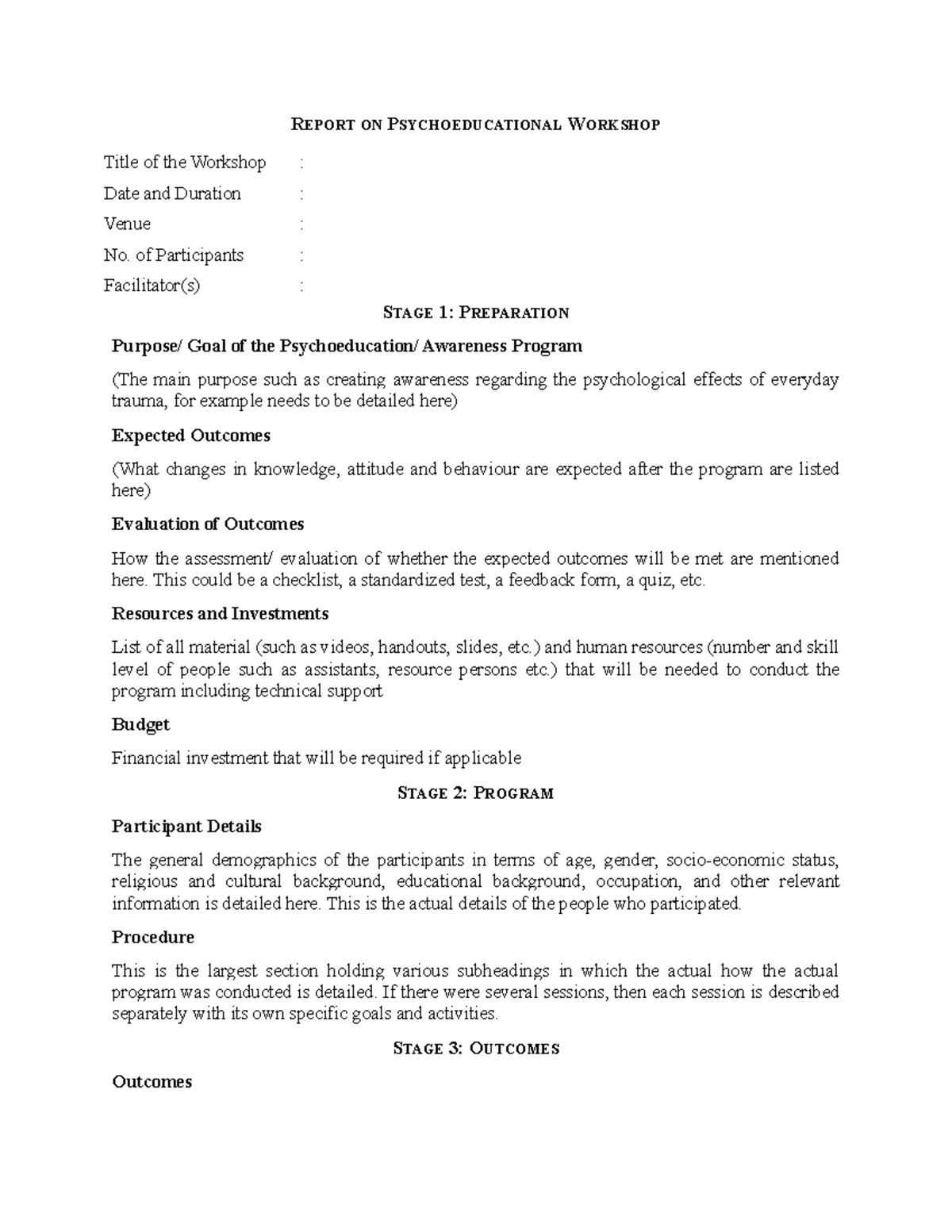Psycho educational workshop report format - REPORT ON PSYCHOEDUCATIONAL ...