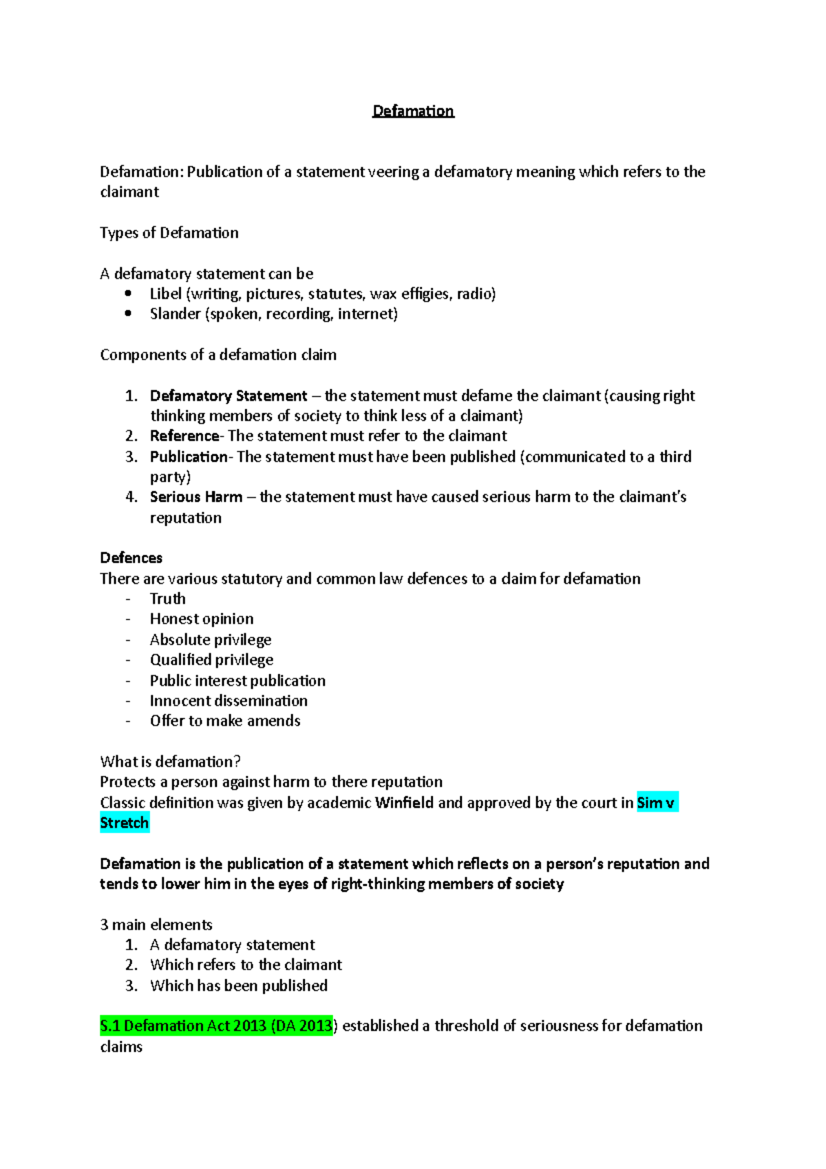 Defamation - A defamatory statement 2. Which refers to the claimant 3 ...