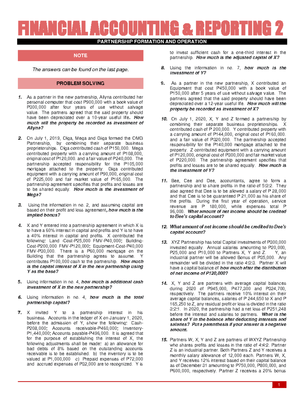 Review Quiz Set B Partnership Formation and Operations - 1 FINANCIAL ACCOUNTING & REPORTING 2 ...