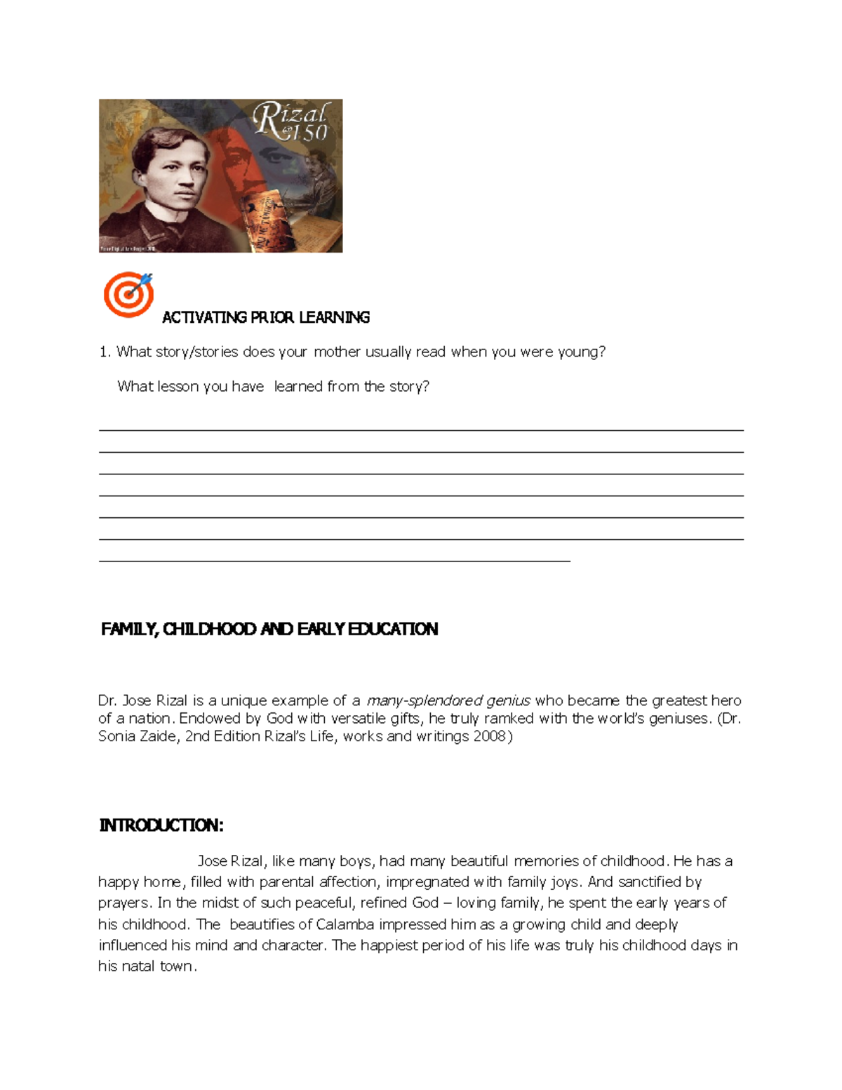 Topic 3 module - Great - ACT IV ATIN G PRIO R LEAR NIN G What story ...