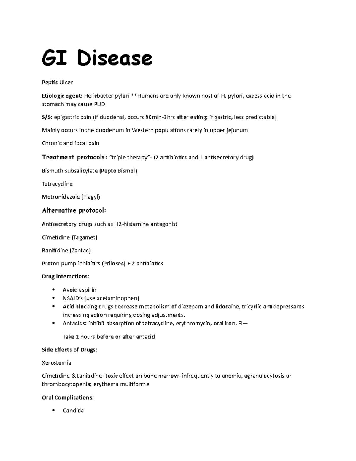GI Disease Notes - GI Disease Peptic Ulcer Etiologic agent: Helicbacter ...