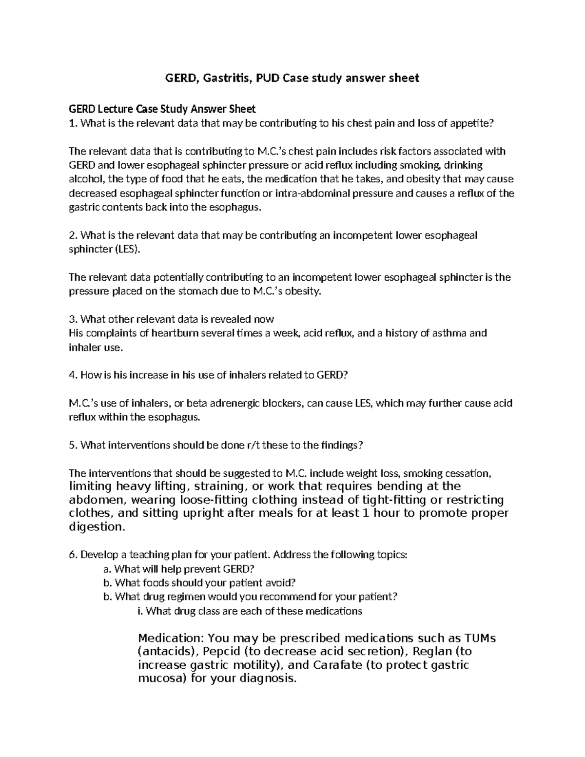 Copy of GI upper GERD, Gastritis, PUD Case study answer sheet - GERD, Gastritis, PUD Case study ...